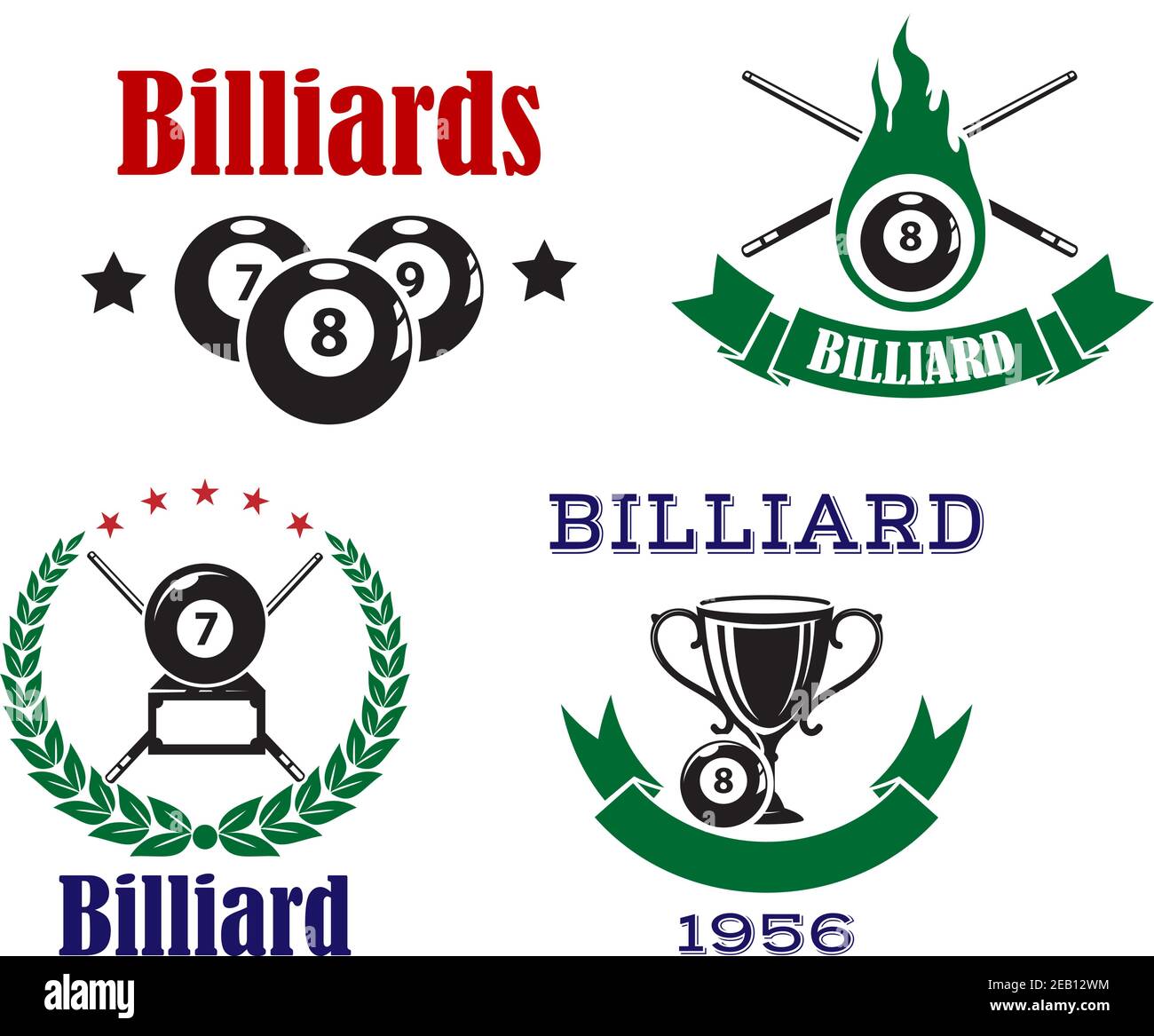 Billiard emblems in traditional colors with crossed cues, billiard ...