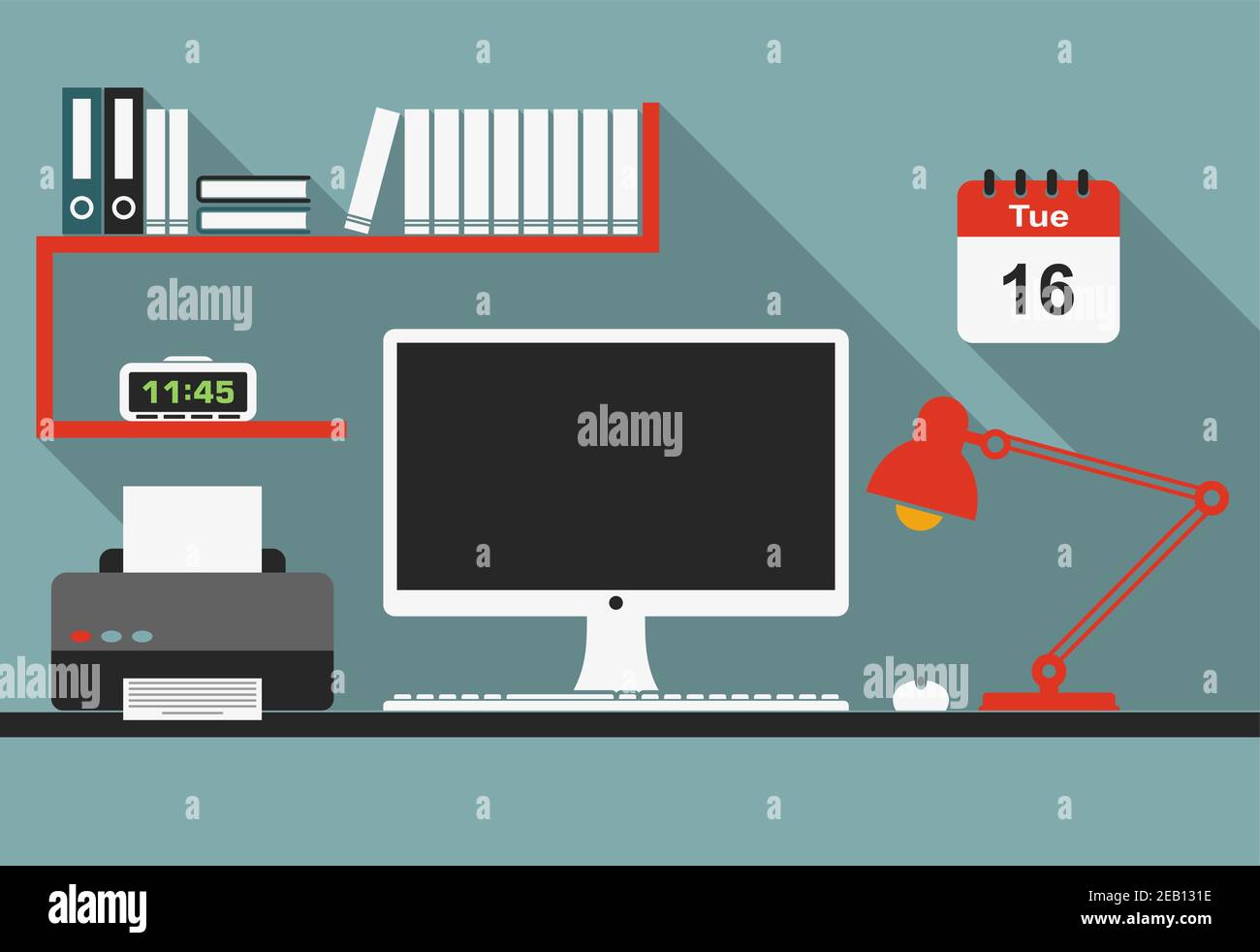 Office workplace interior with desktop computer, mouse, lamp, clock ...