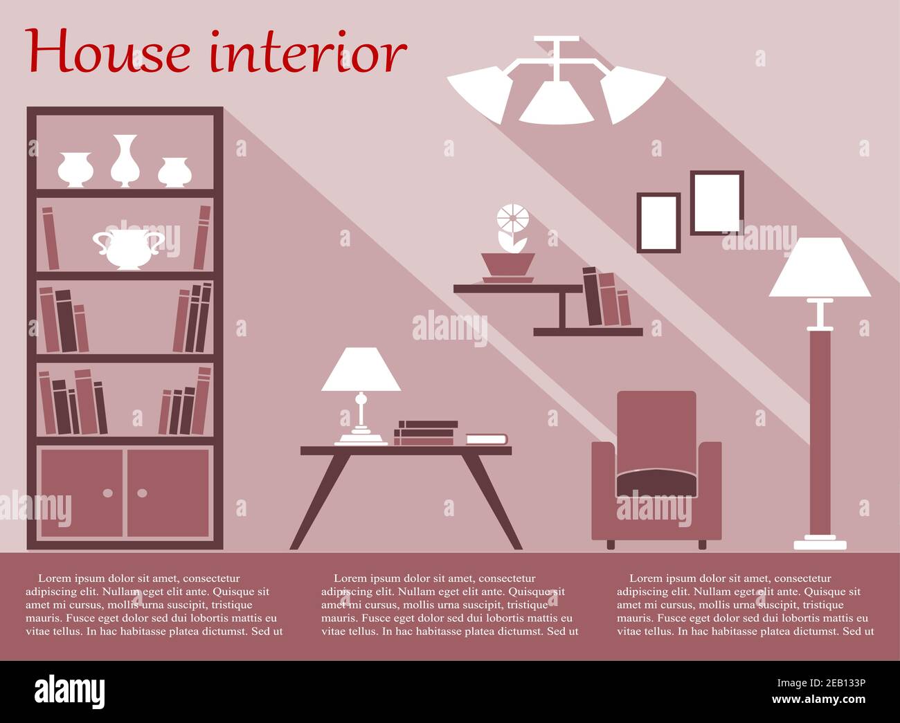 House living room interior flat infographic with bookcase, chair, floor ...