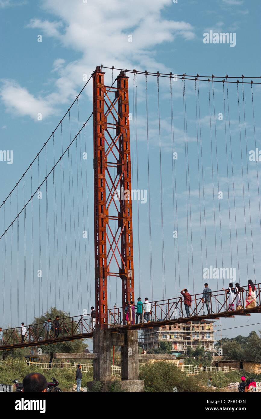 Red iron bridge with sky stock image Stock Photo - Alamy