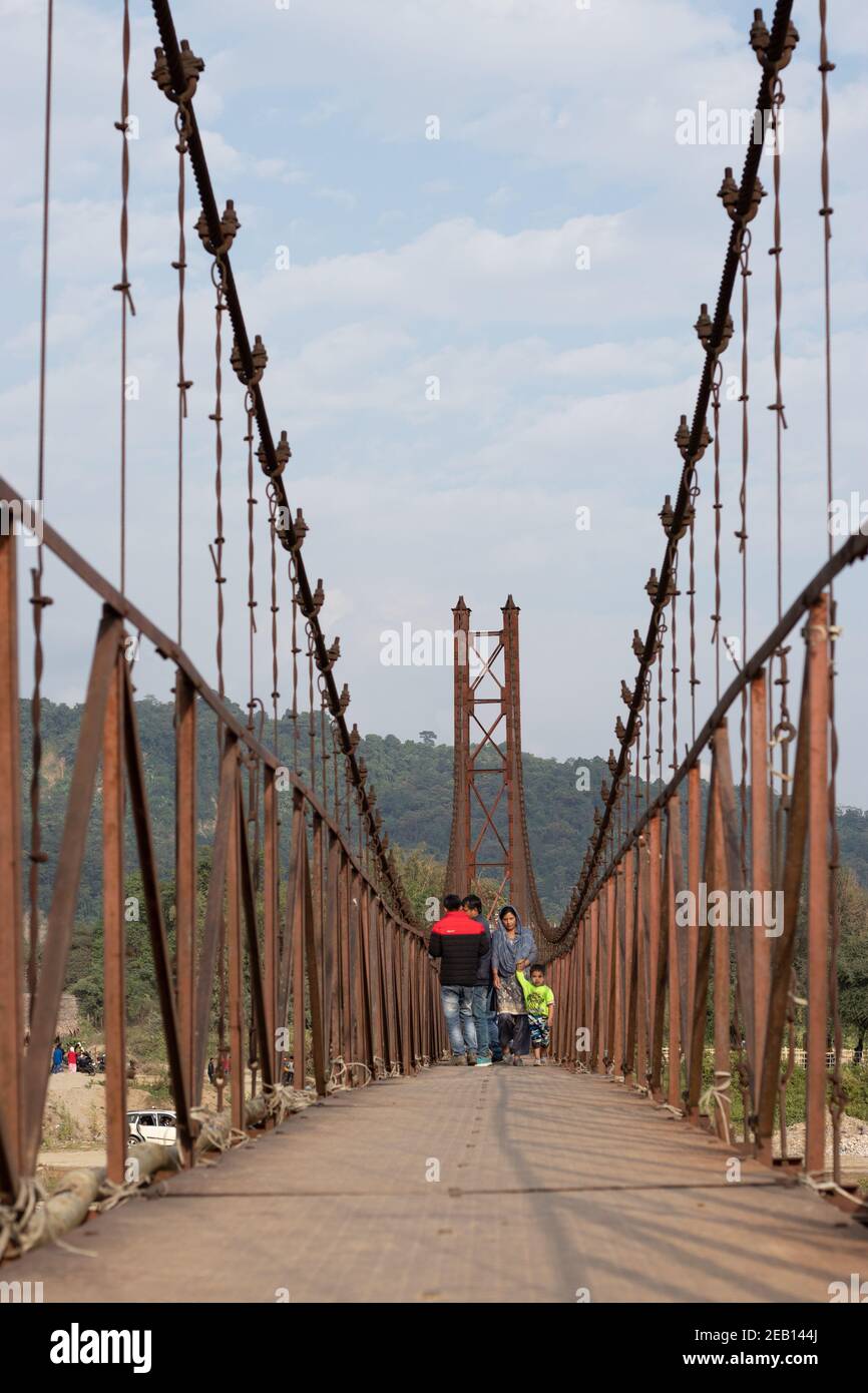 Red iron bridge with sky stock image Stock Photo - Alamy