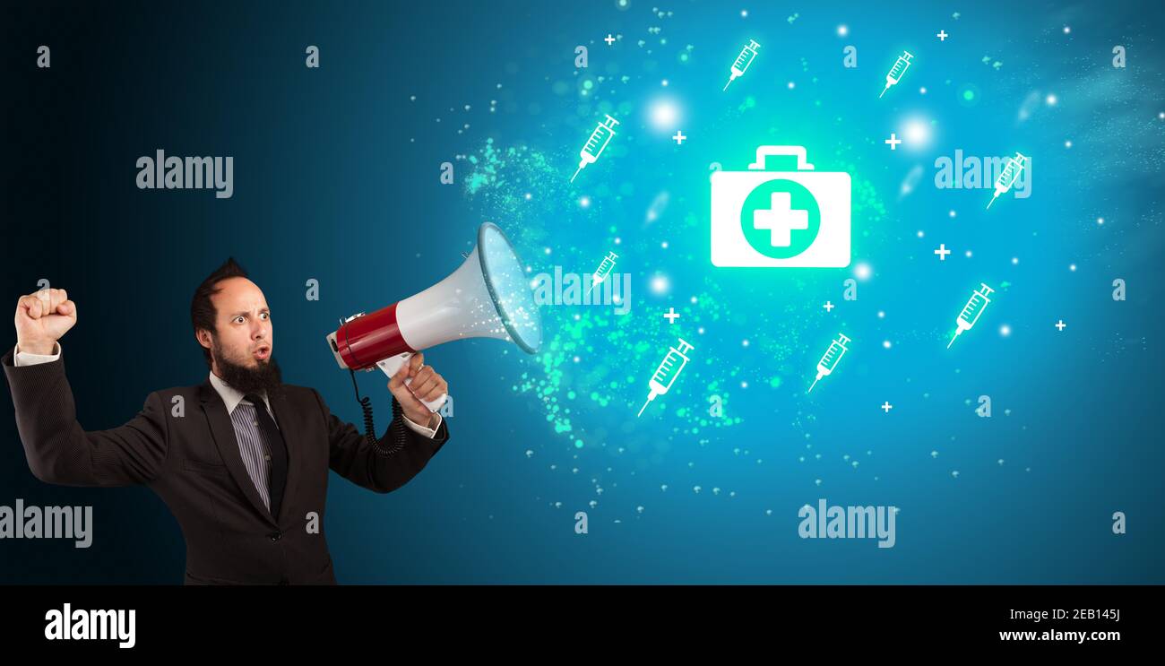 Young person shouting in megaphone and first aid icon, medical concept ...