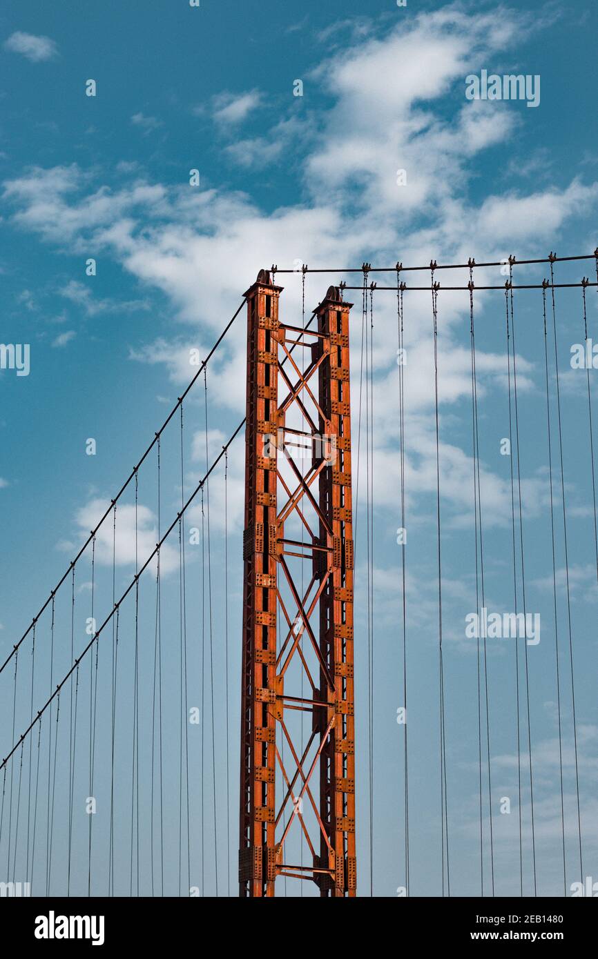 Red iron bridge with sky stock image Stock Photo - Alamy