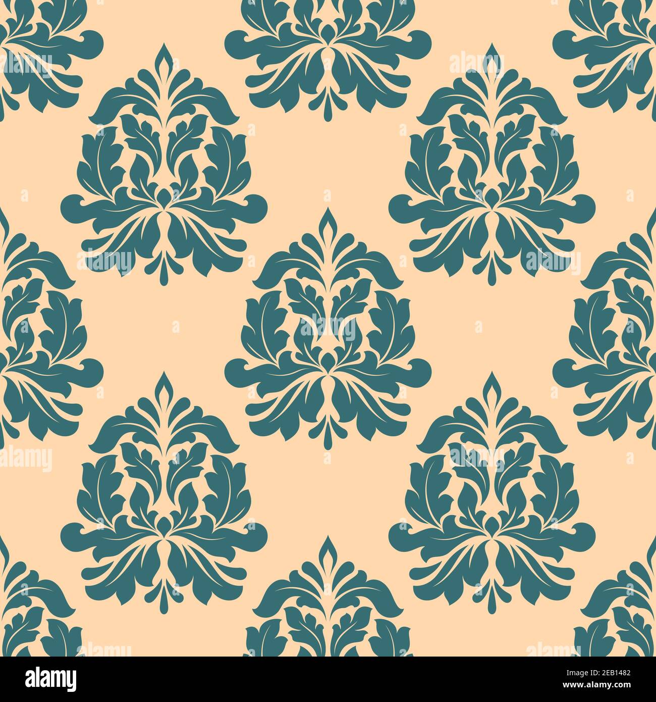 Dark green stylized iris flowers in seamless damask tracery pattern ...