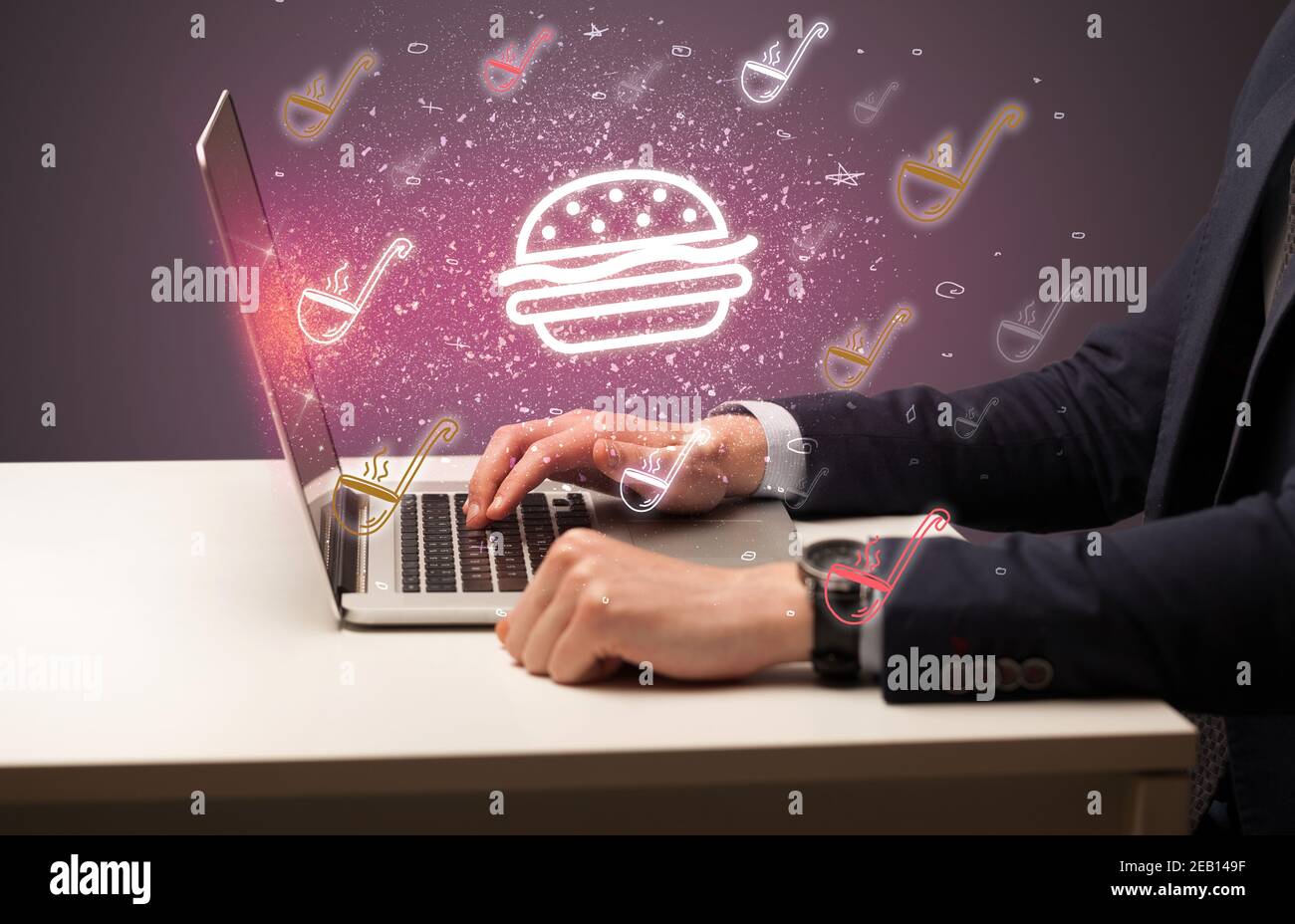 Hand searching for recipes on the internet with chef icons coming out ...