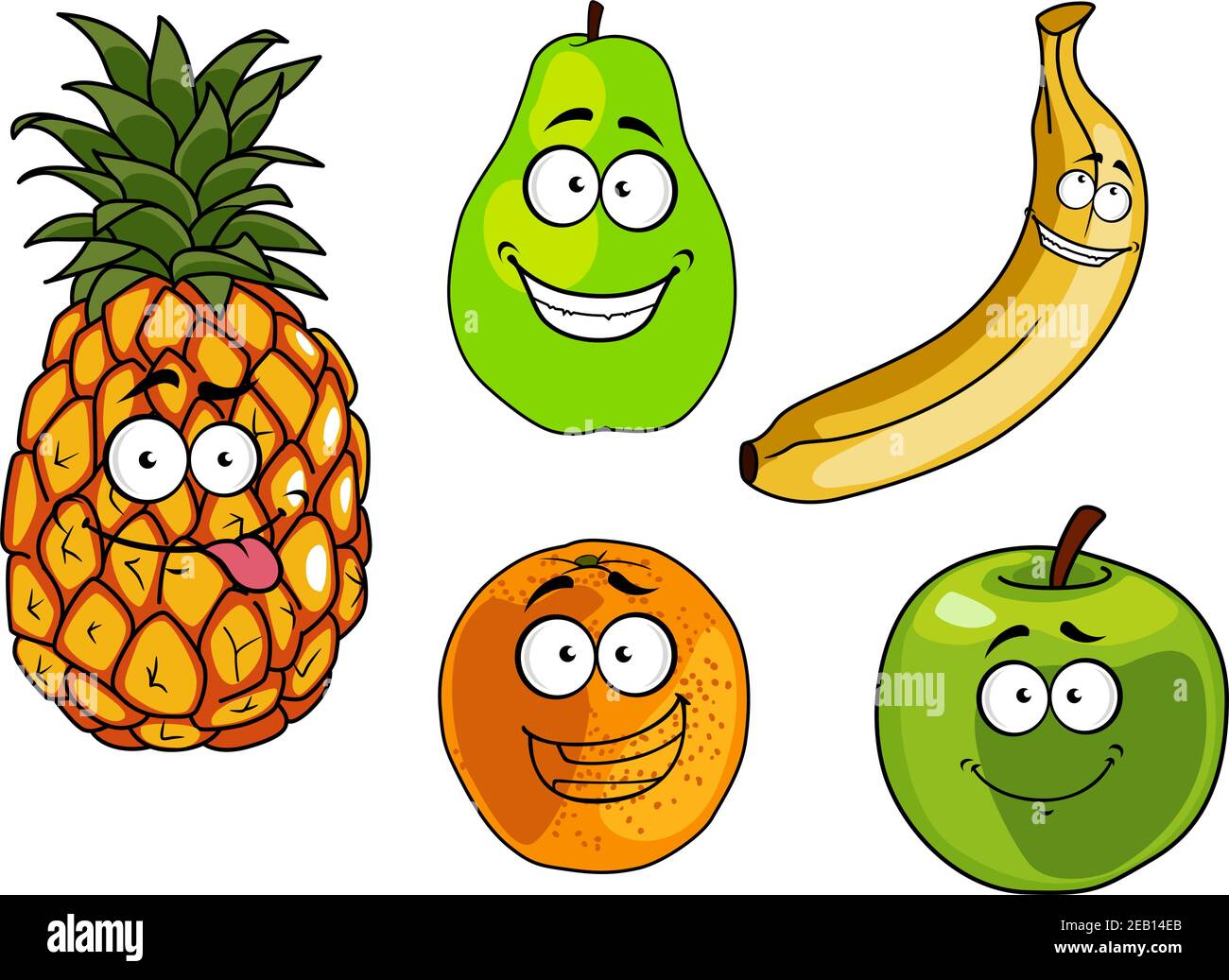 Cartooned happy apple, banana, orange, pineapple and pear fruits in ...
