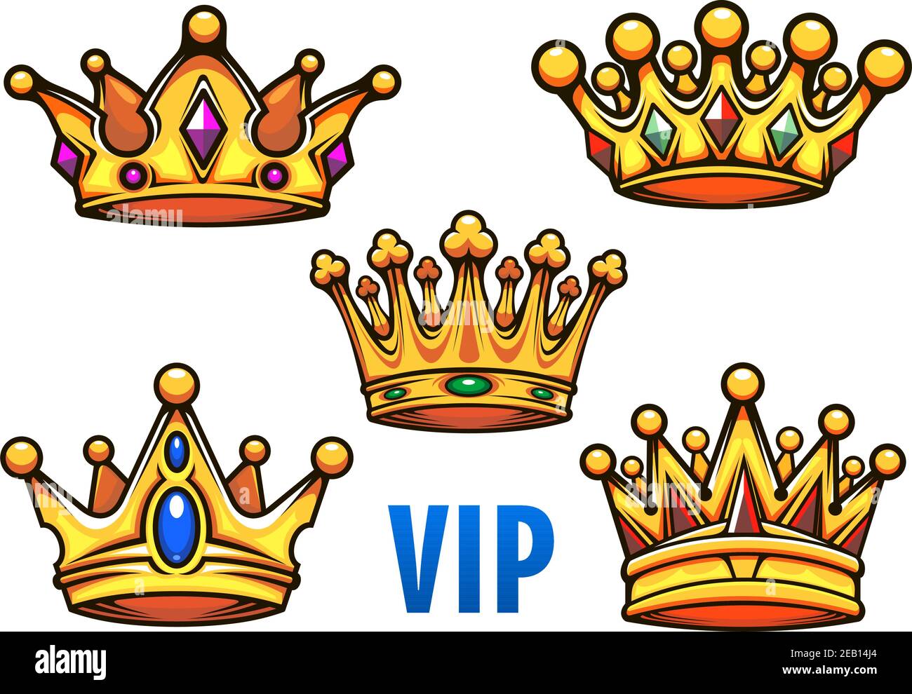 Golden royal crowns in cartoon style ornate decorated colorful jewels ...
