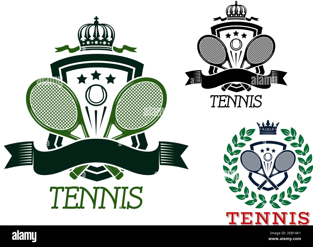 Tennis heraldic emblems in retro style with crossed rackets and balls ...