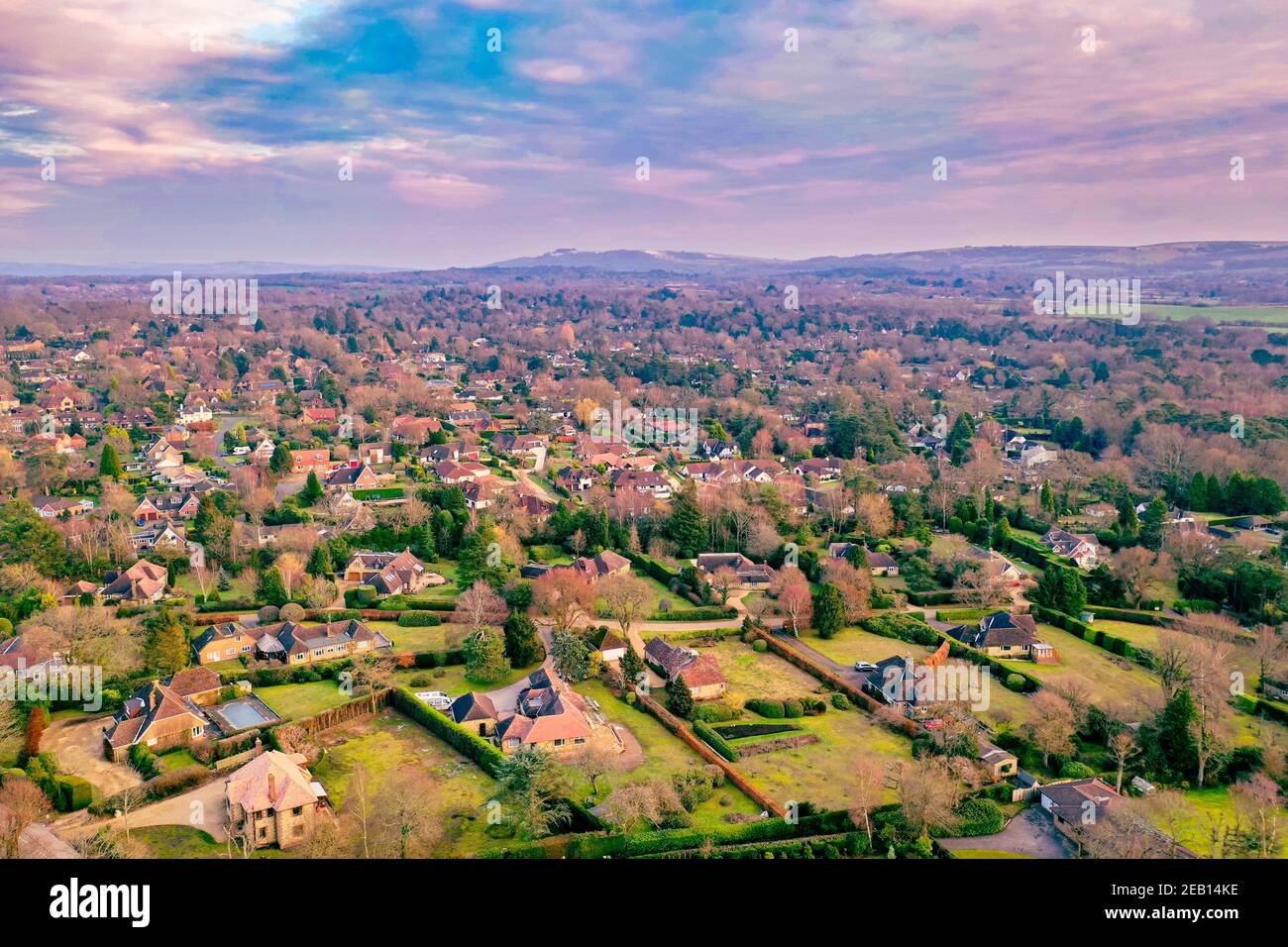 Aerial drone view of a rural village in West Sussex, England. Large ...