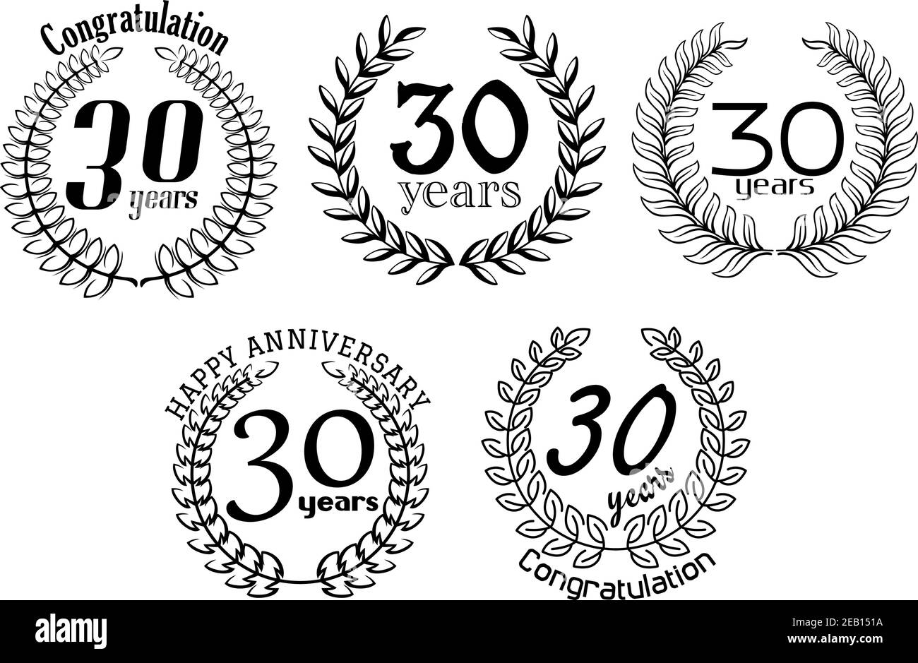 Vintage 30 years anniversary heraldic laurel wreaths in outline sketch ...