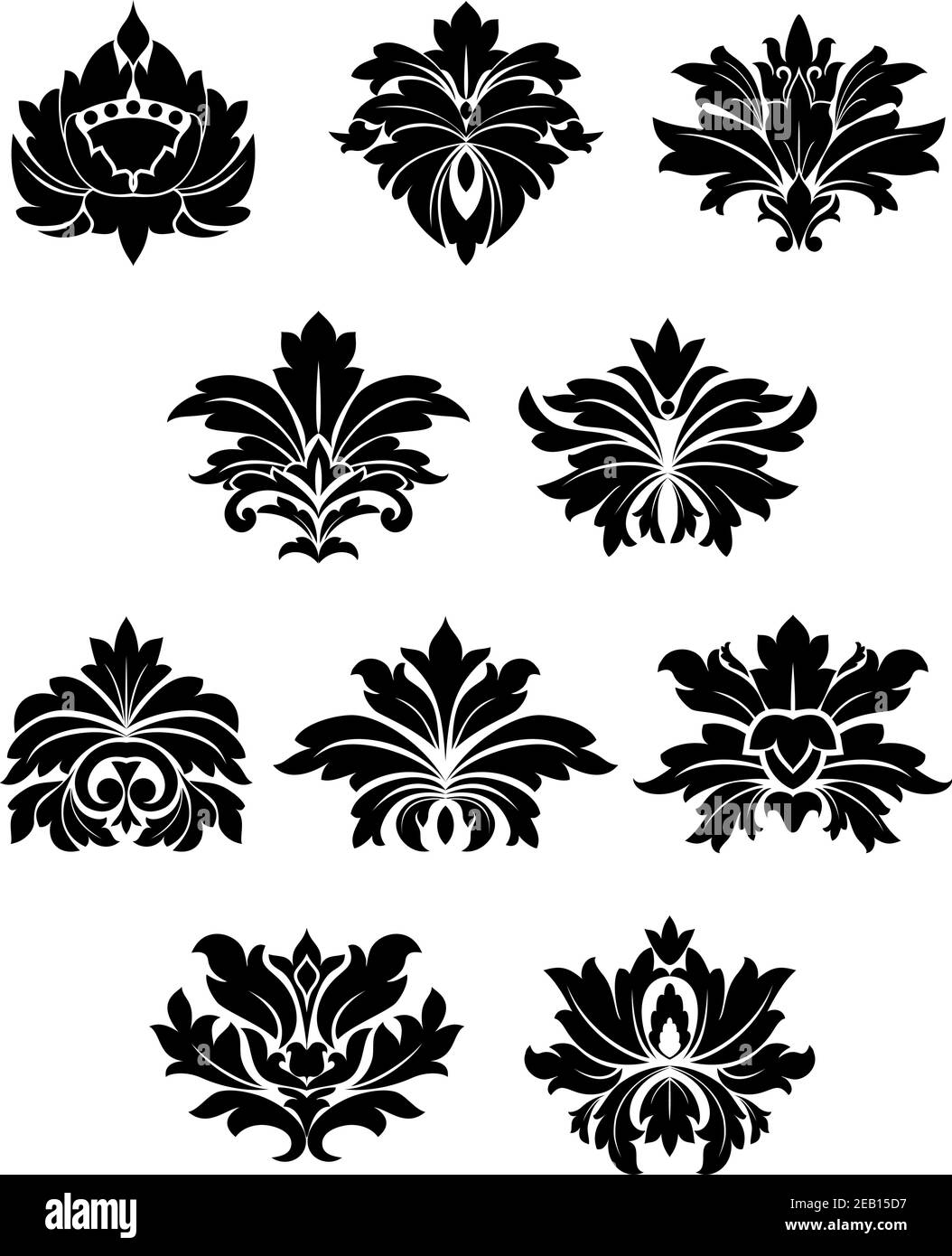 Black abstract floral design elements with lush flowers and foliage ...