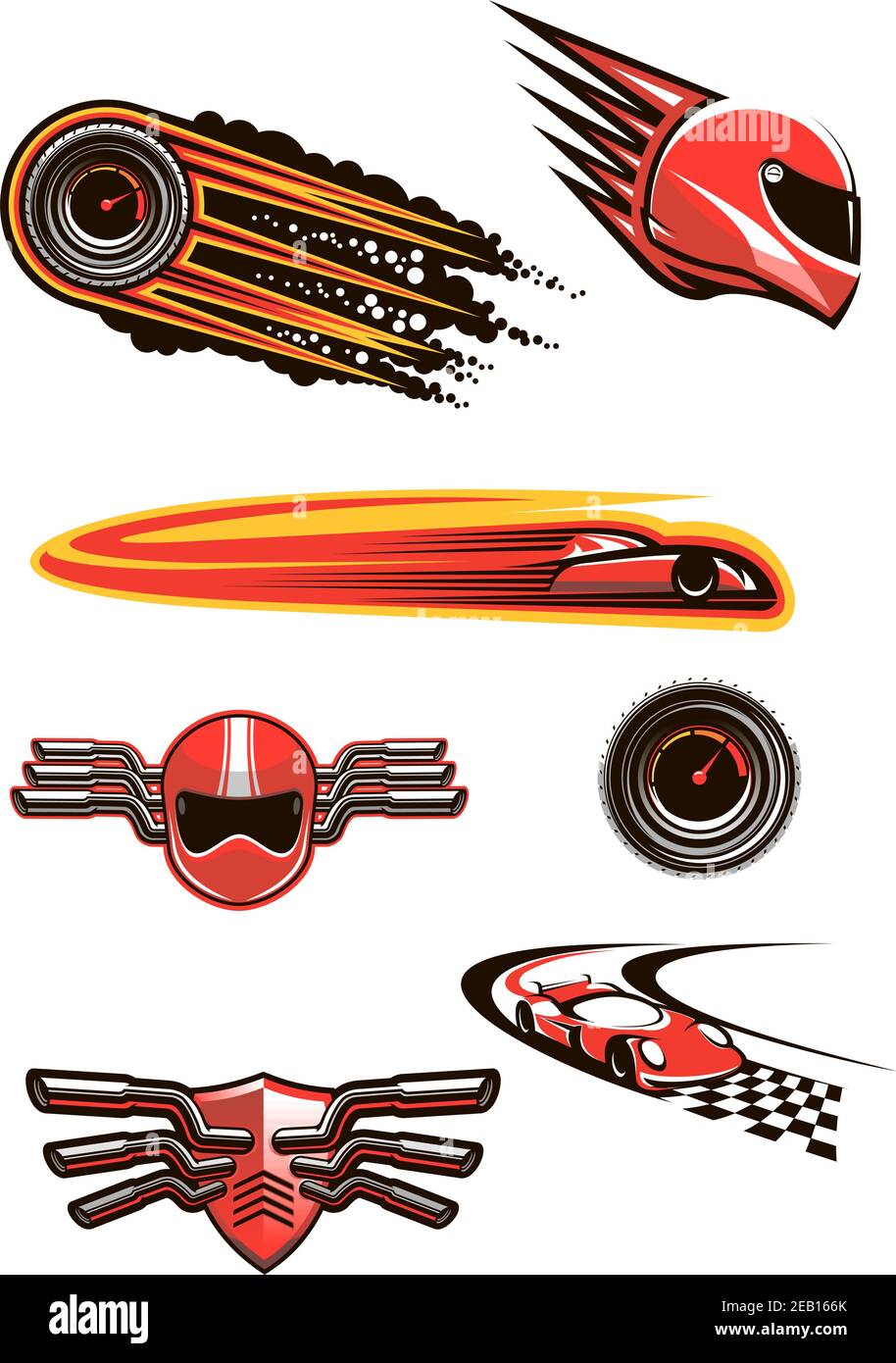 Racing symbols in red and orange colors with helmet and speedometers in ...