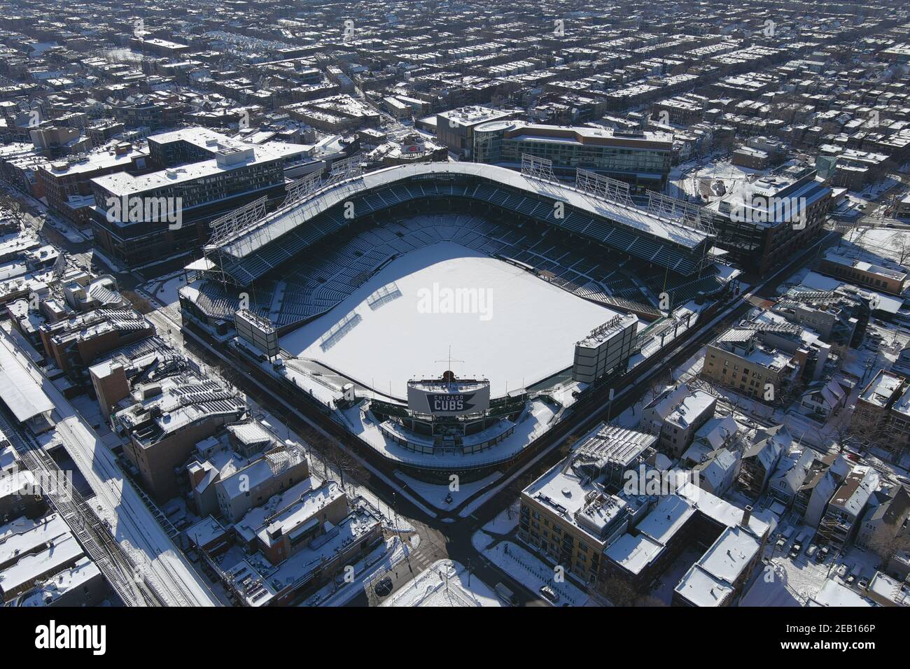 An aerial view of Wrigley Field, Sunday, Feb. 7, 2021, in Chicago. The ...