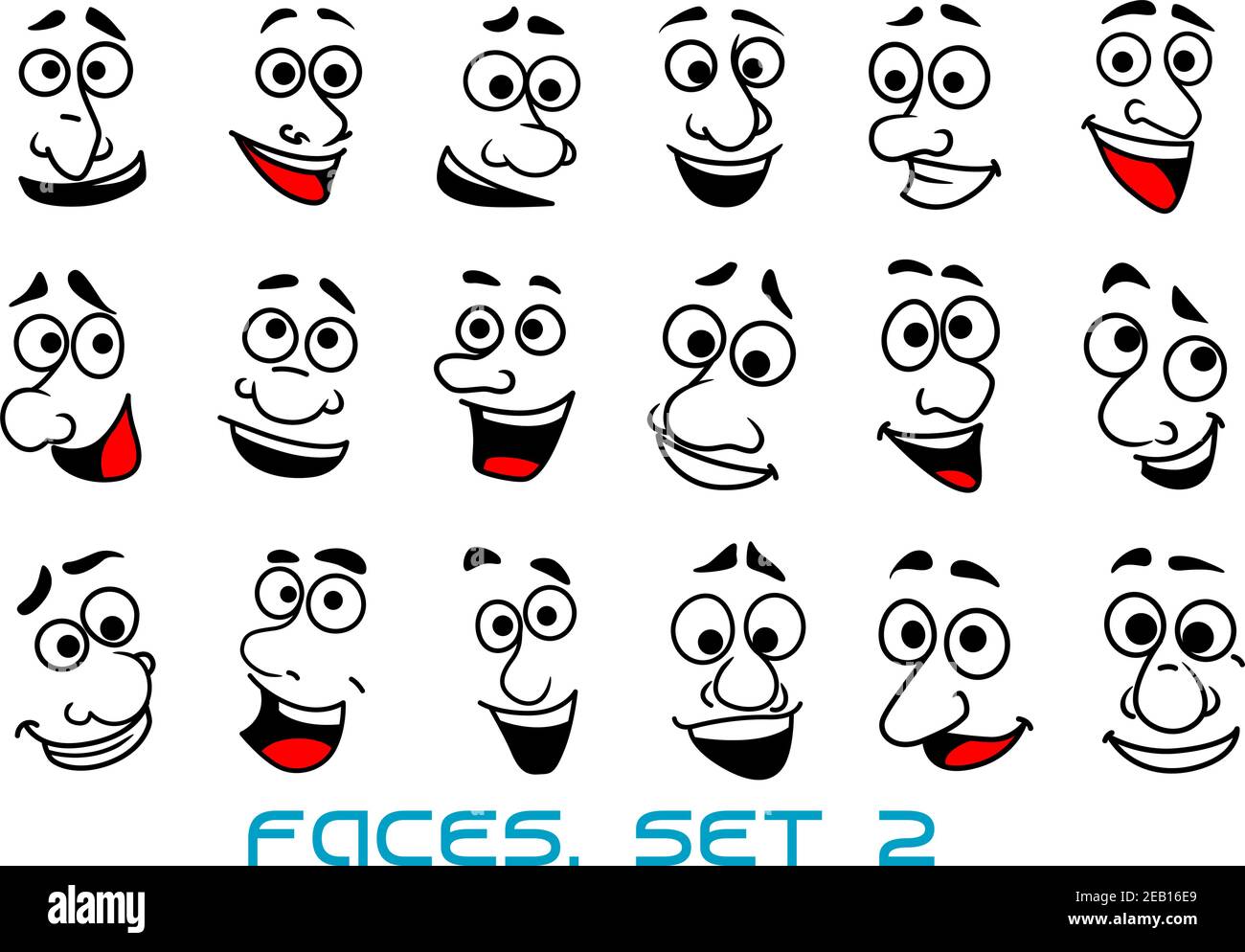 Funny human faces in cartoon style with happy toothy smiles for avatar ...