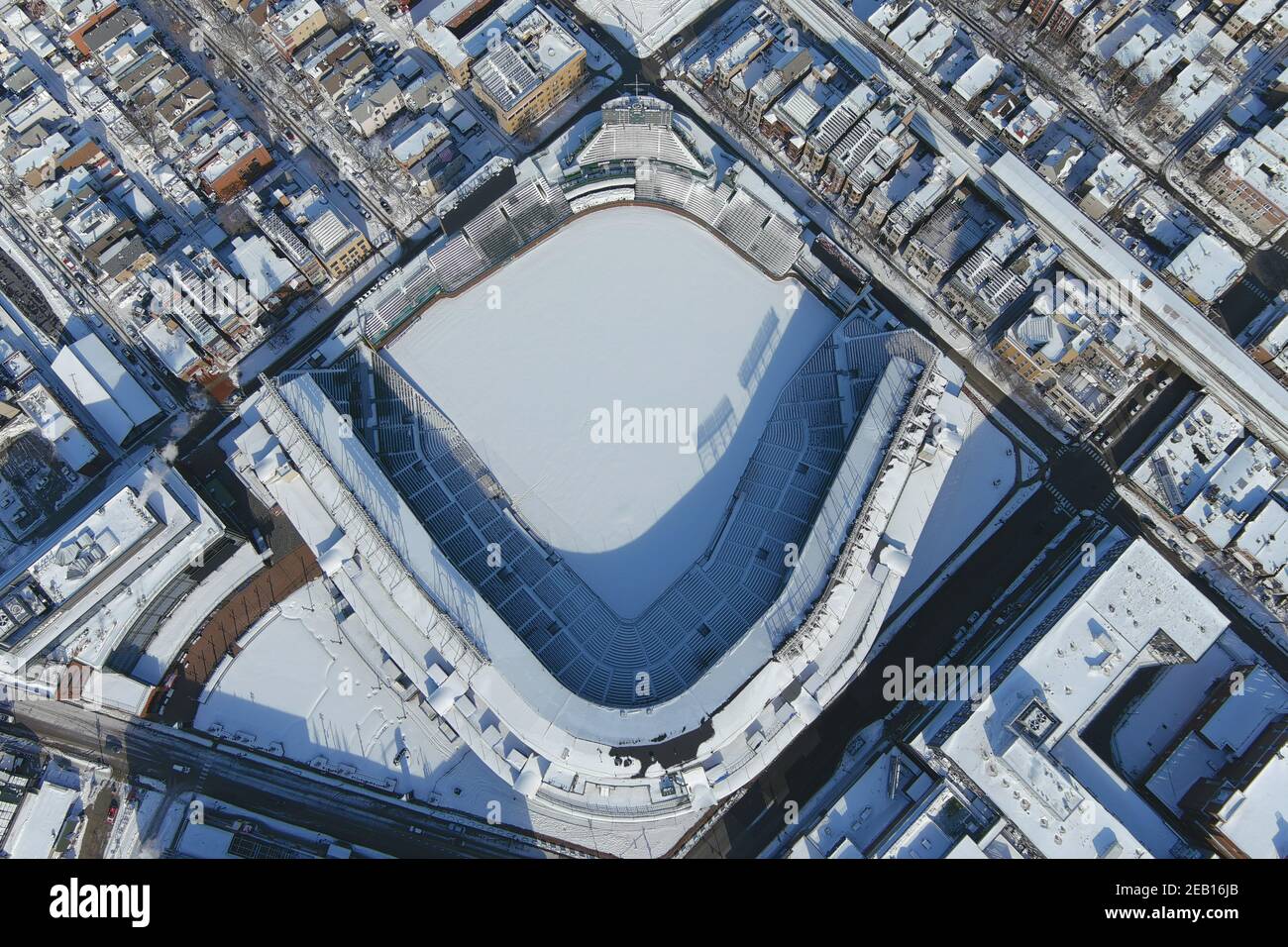 An aerial view of Wrigley Field, Sunday, Feb. 7, 2021, in Chicago. The ...