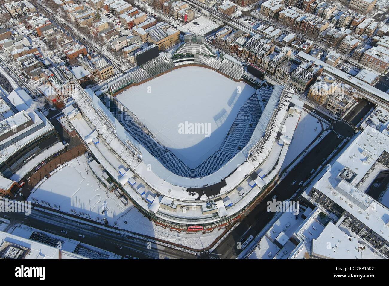 An aerial view of Wrigley Field, Sunday, Feb. 7, 2021, in Chicago. The ...