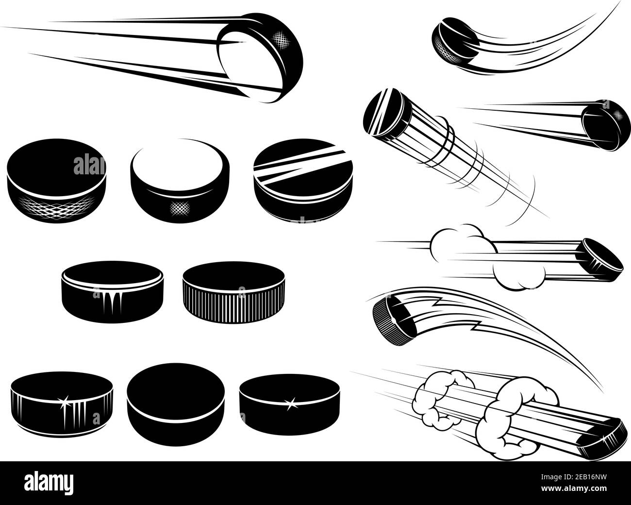 Ice ockey pucks set in cartoon style with motion trails and clouds ...