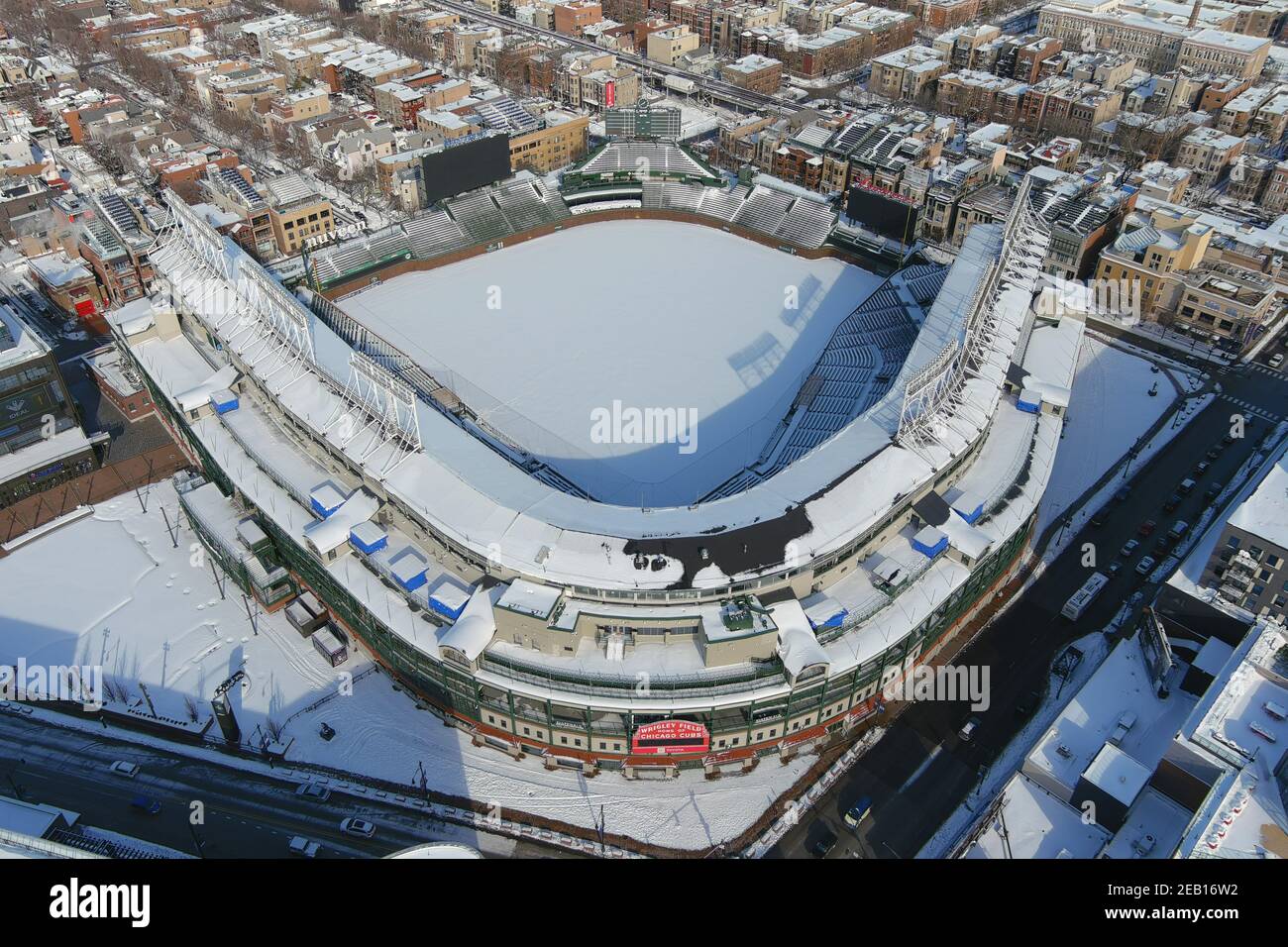 An aerial view of Wrigley Field, Sunday, Feb. 7, 2021, in Chicago. The ...