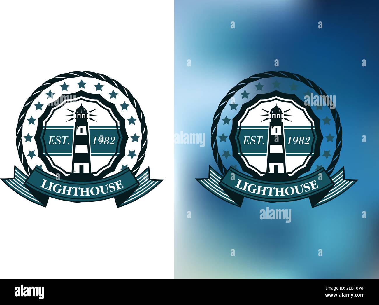 Round nautical emblem or badge of vintage lighthouse with light beams ...