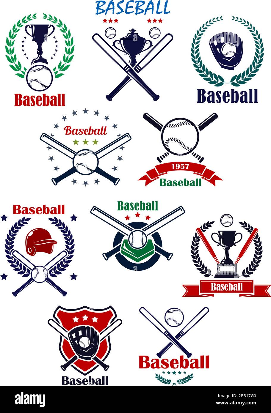 Baseball team emblems or badges with baseball gloves, helmet, balls ...