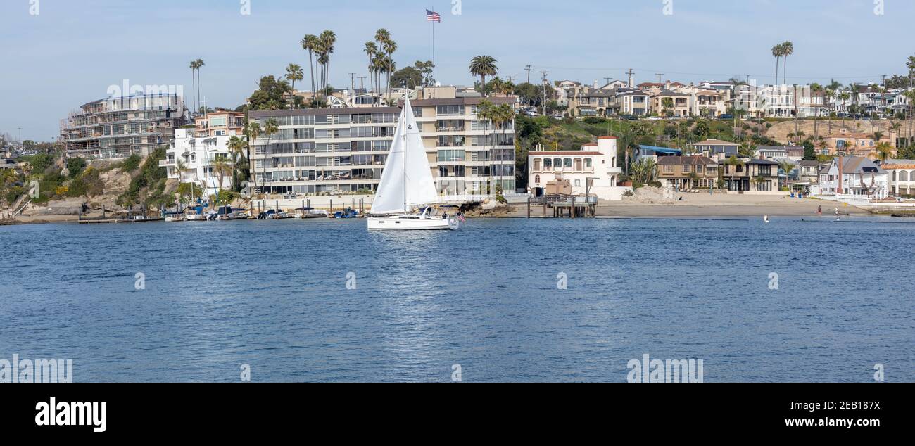 Sailing boat entering harbour at Newport Beach with waterside houses ...