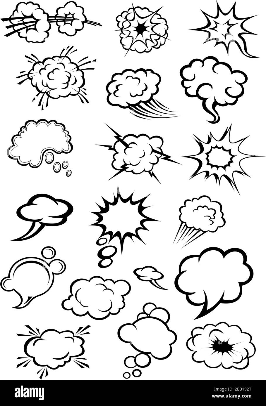 Cartoon speech bubbles and explosion clouds in comic style with motion ...
