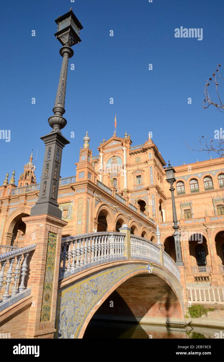 Bridge and central building of Spain Plaza in Seville, the capital of ...