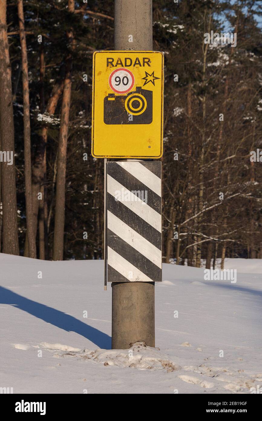 Road signs for drivers on the road, on a winter sunny day Stock Photo ...