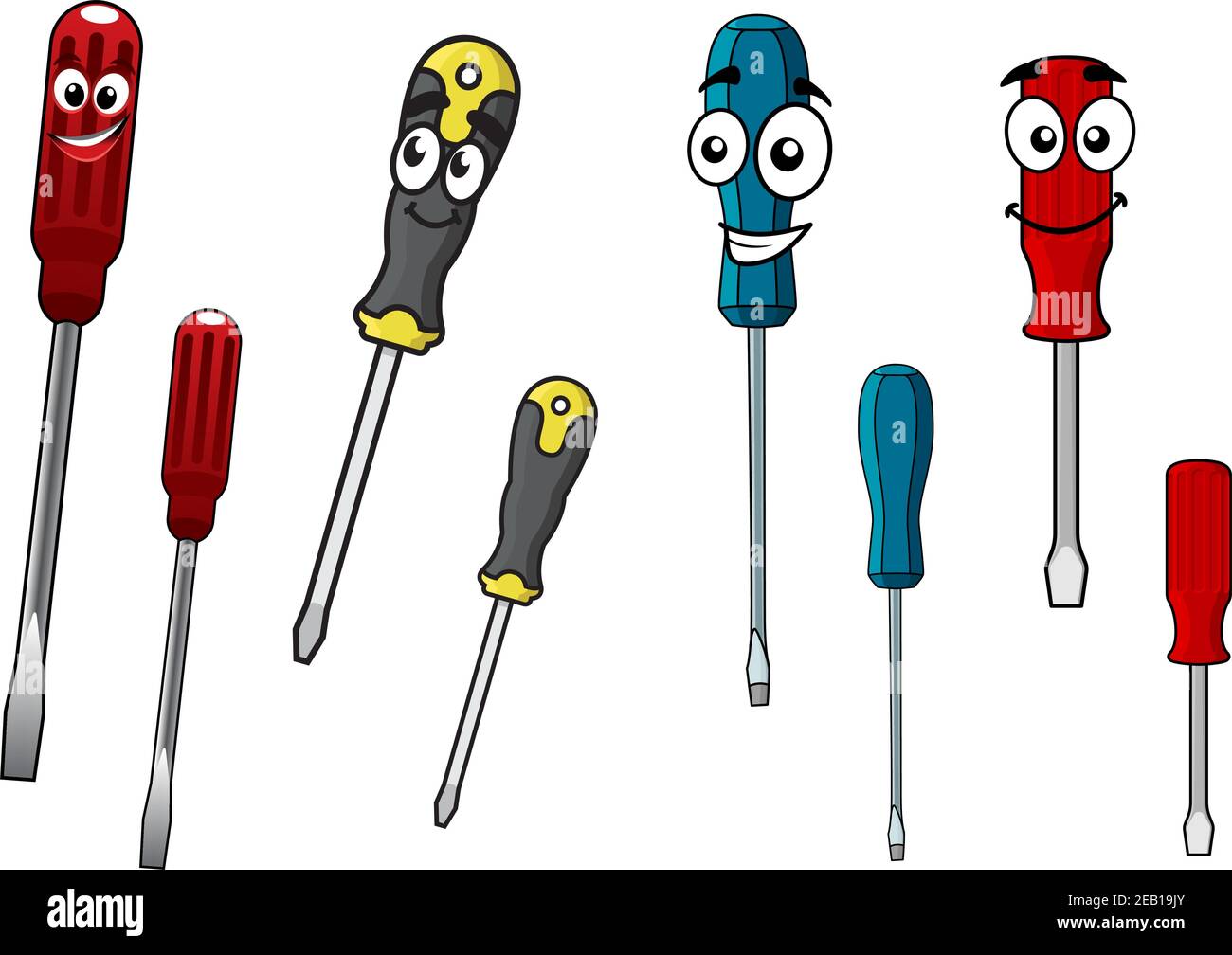 Colorful cartoon screwdrivers characters, one set with happy smiling ...