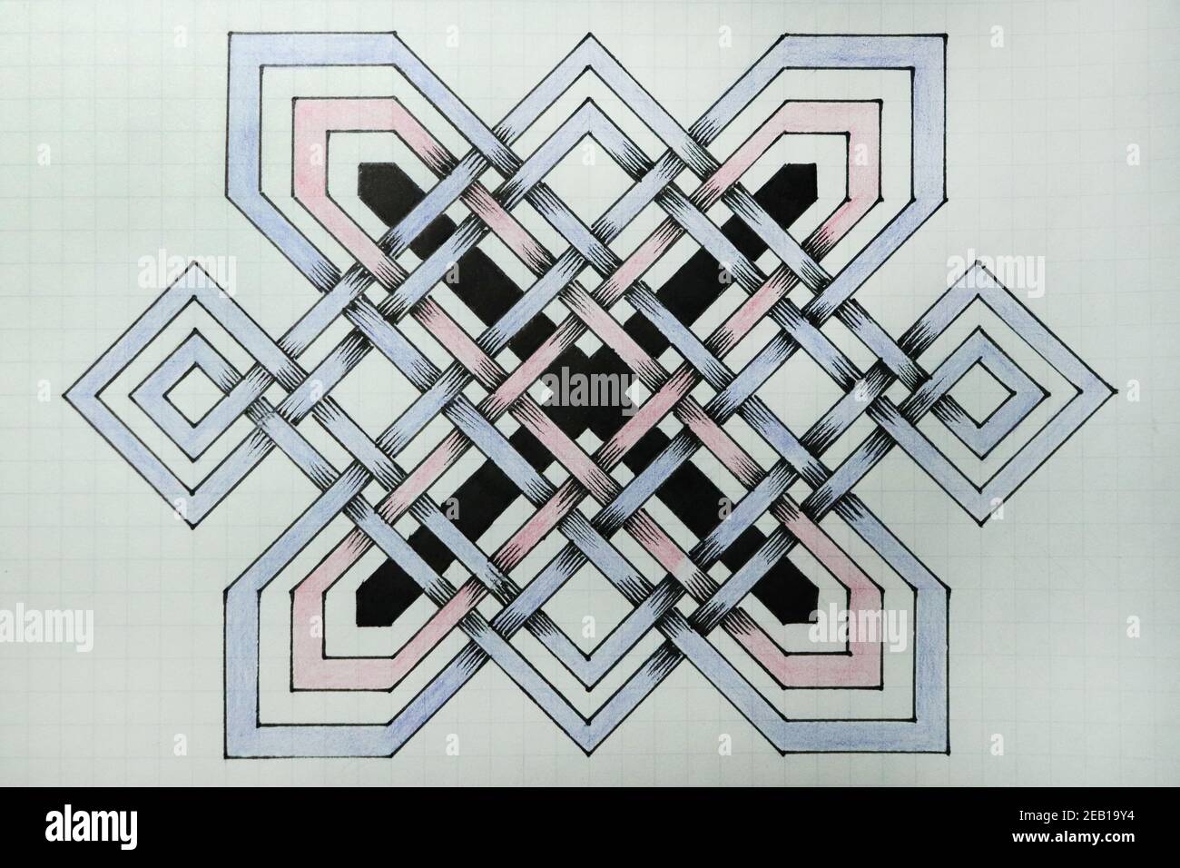 Labyrinth intricate cross. Drawing on checkered paper Stock Photo - Alamy