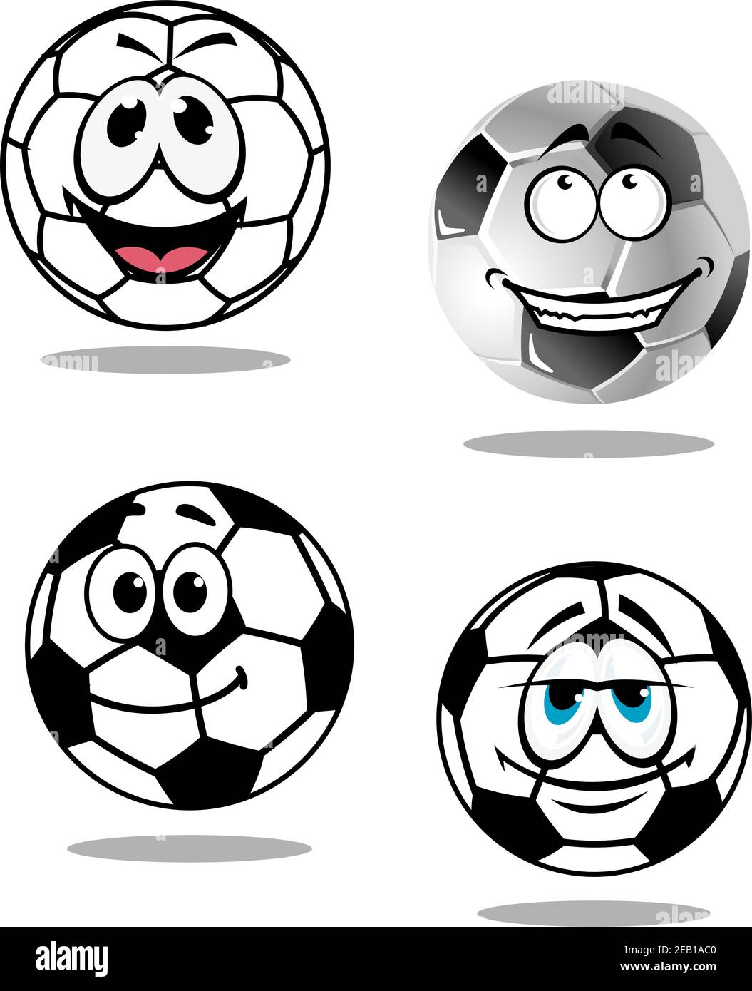 Cartoon soccer or football characters with happy smiling faces, two ...
