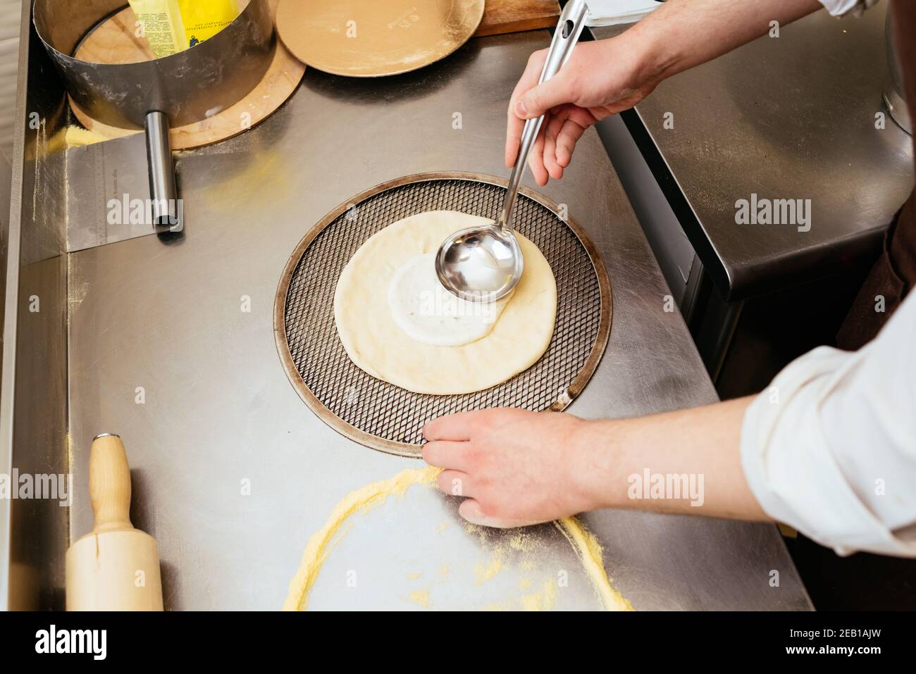 closeup hand of chef making pizza Stock Photo - Alamy