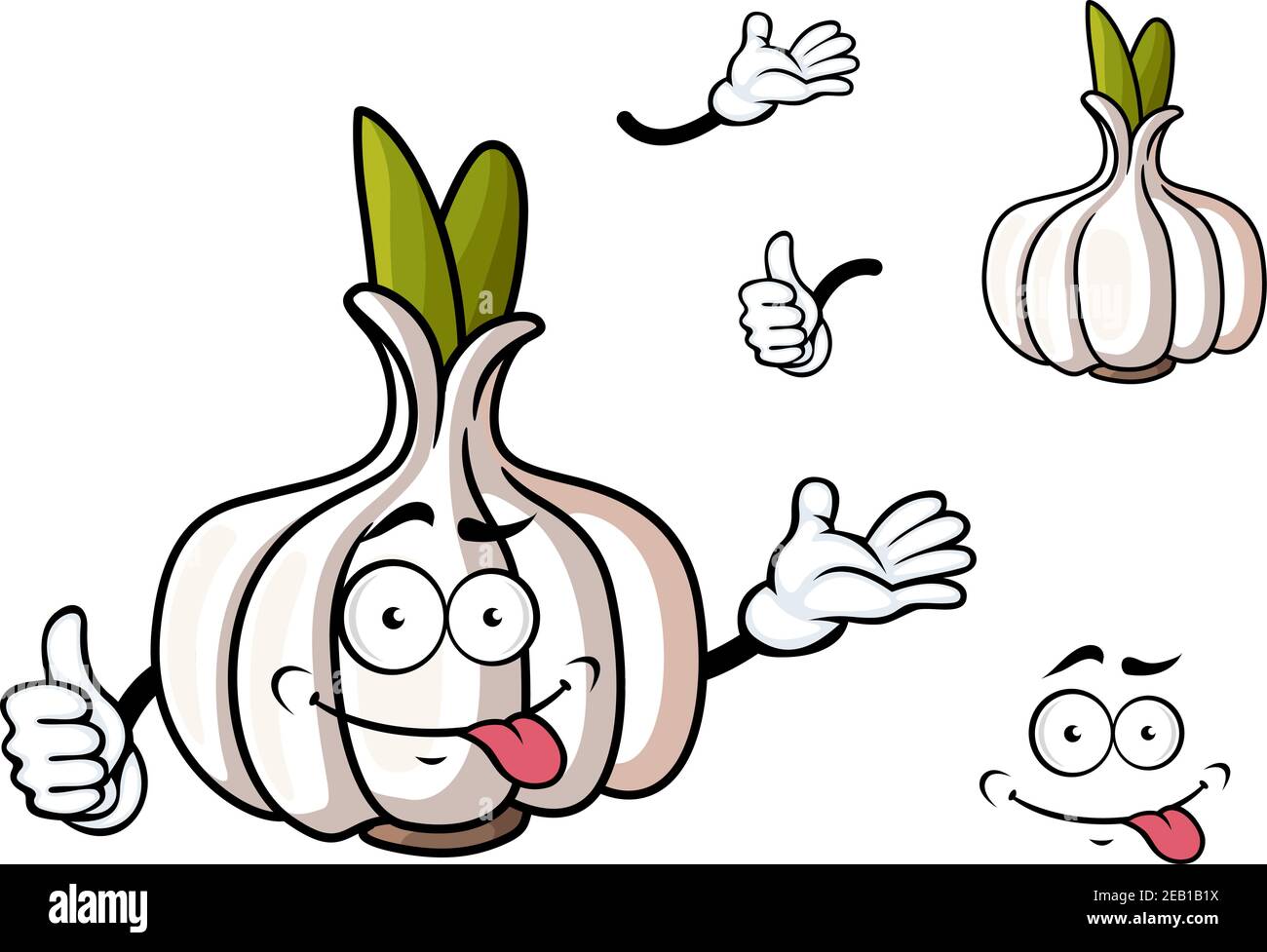 Cartoon head of garlic vegetable character with green sprouts and funny ...