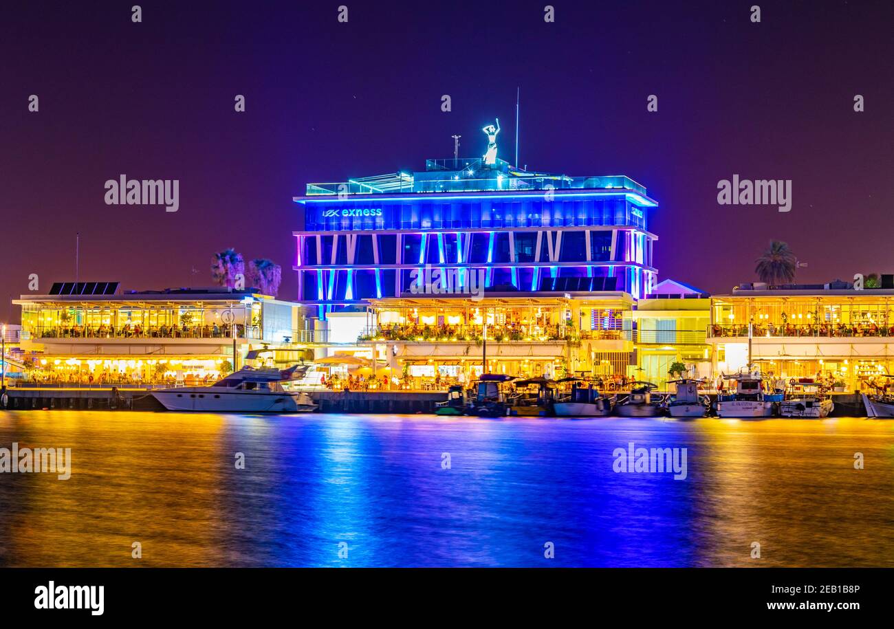 LIMASSOL, CYPRUS, AUGUST 16, 2017: Night view of the old port in ...