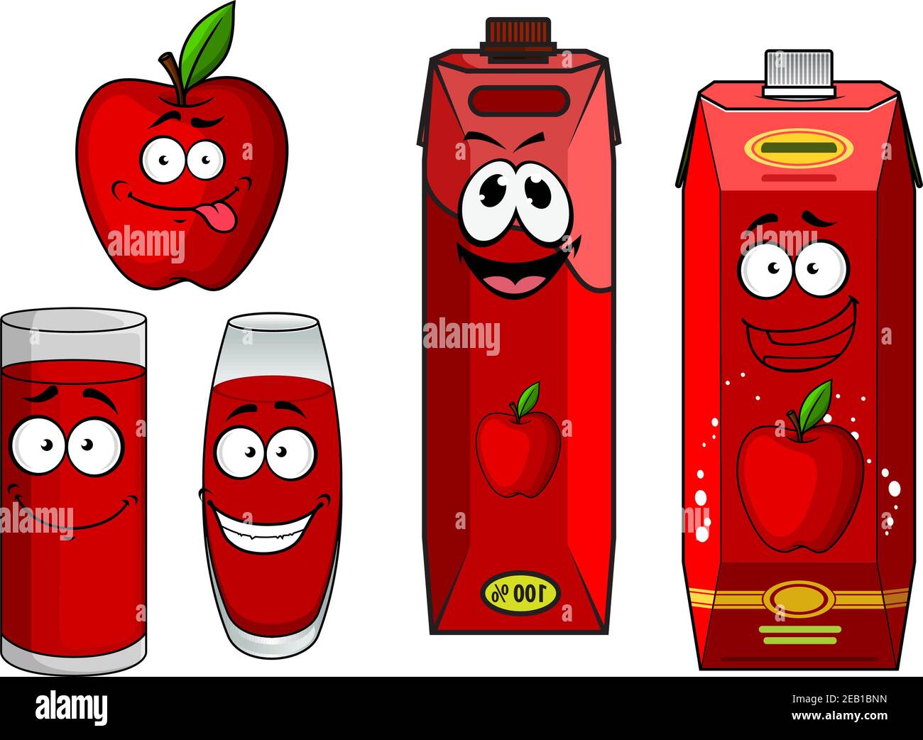 Cartoon fresh red happy apple with apple juice in cardboard cartons and ...