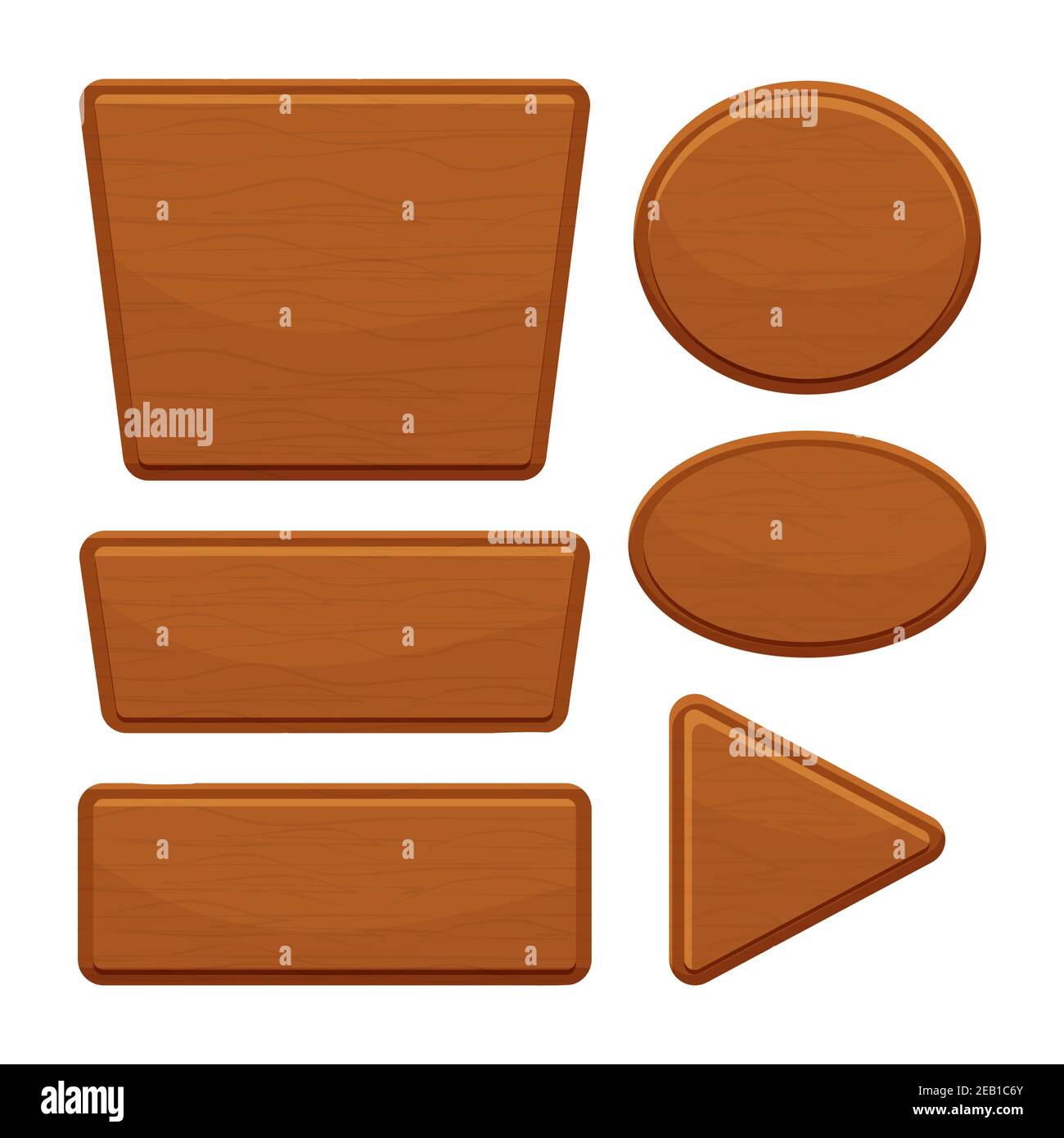 Wood button set in cartoon style with cracked details isolated on white background. Game assets ...