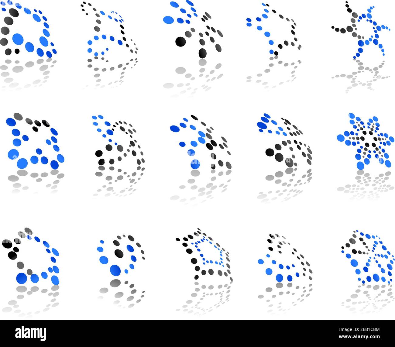 Abstract icons with blue and grey dots in different shapes, all angled ...