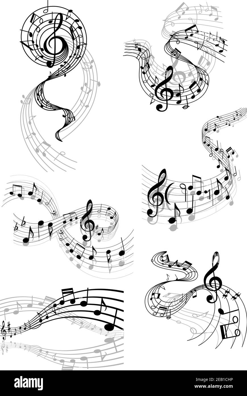 Black and white musical notes and clefs on swirling staves in various ...