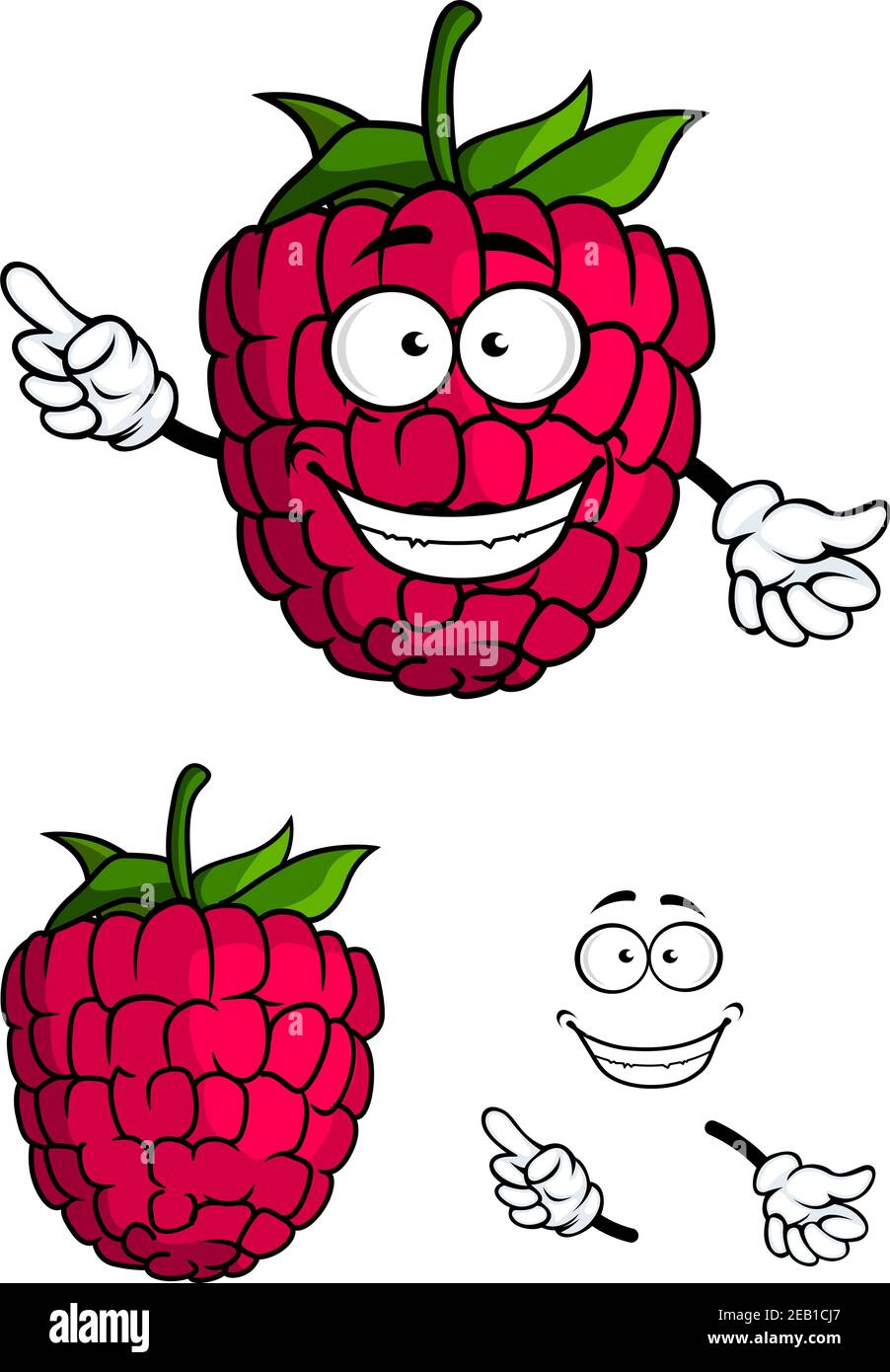 Cute happy smiling cartoon raspberry fruit pointing upwards with one ...