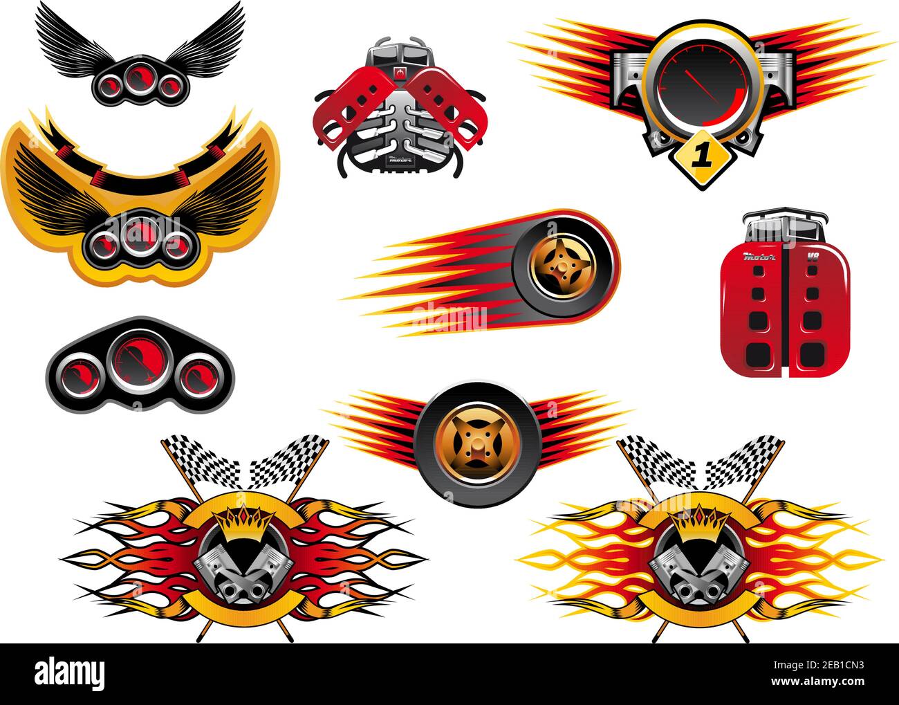 Colorful motor sport and racing icons with wheels with speed trails or ...