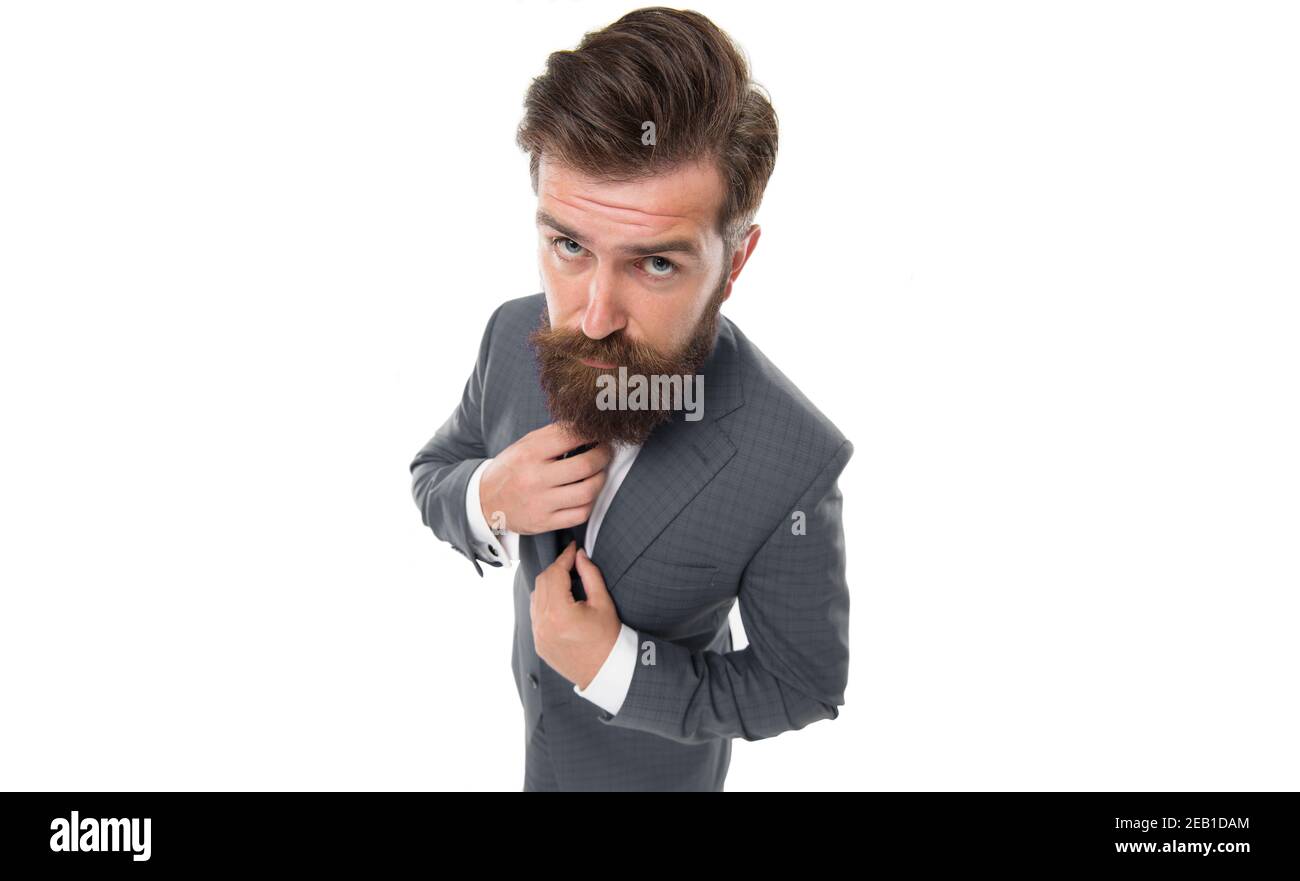 Formal wardrobe. Bearded man wear formal suit. Serious director in ...