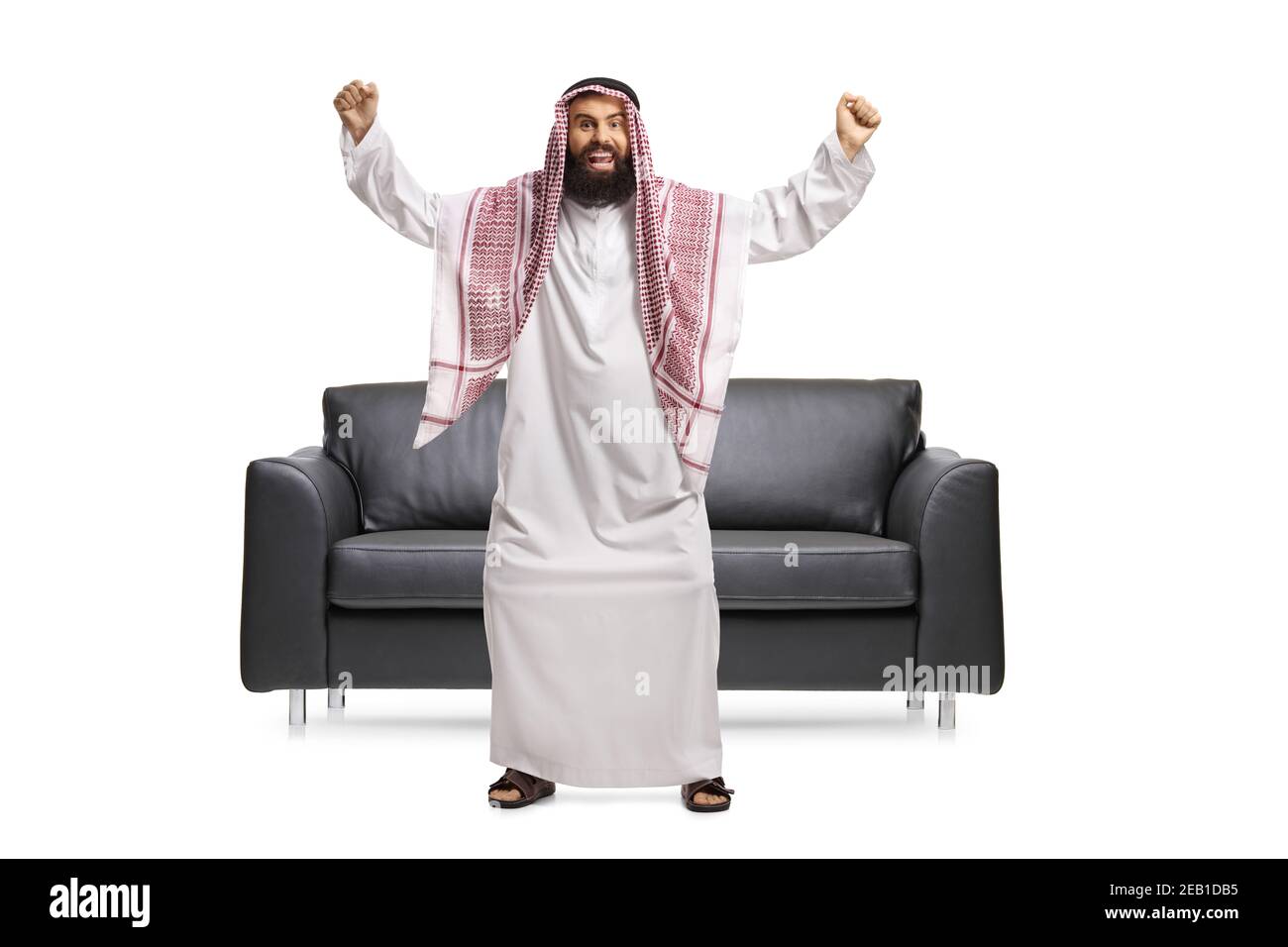 Full length portrait of a saudi arab man gesturing happiness in front ...