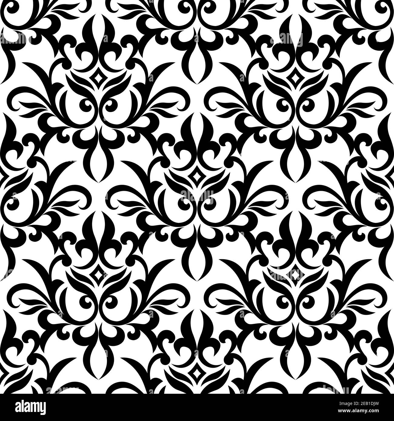 Decorative floral seamless pattern with black flowers on white ...