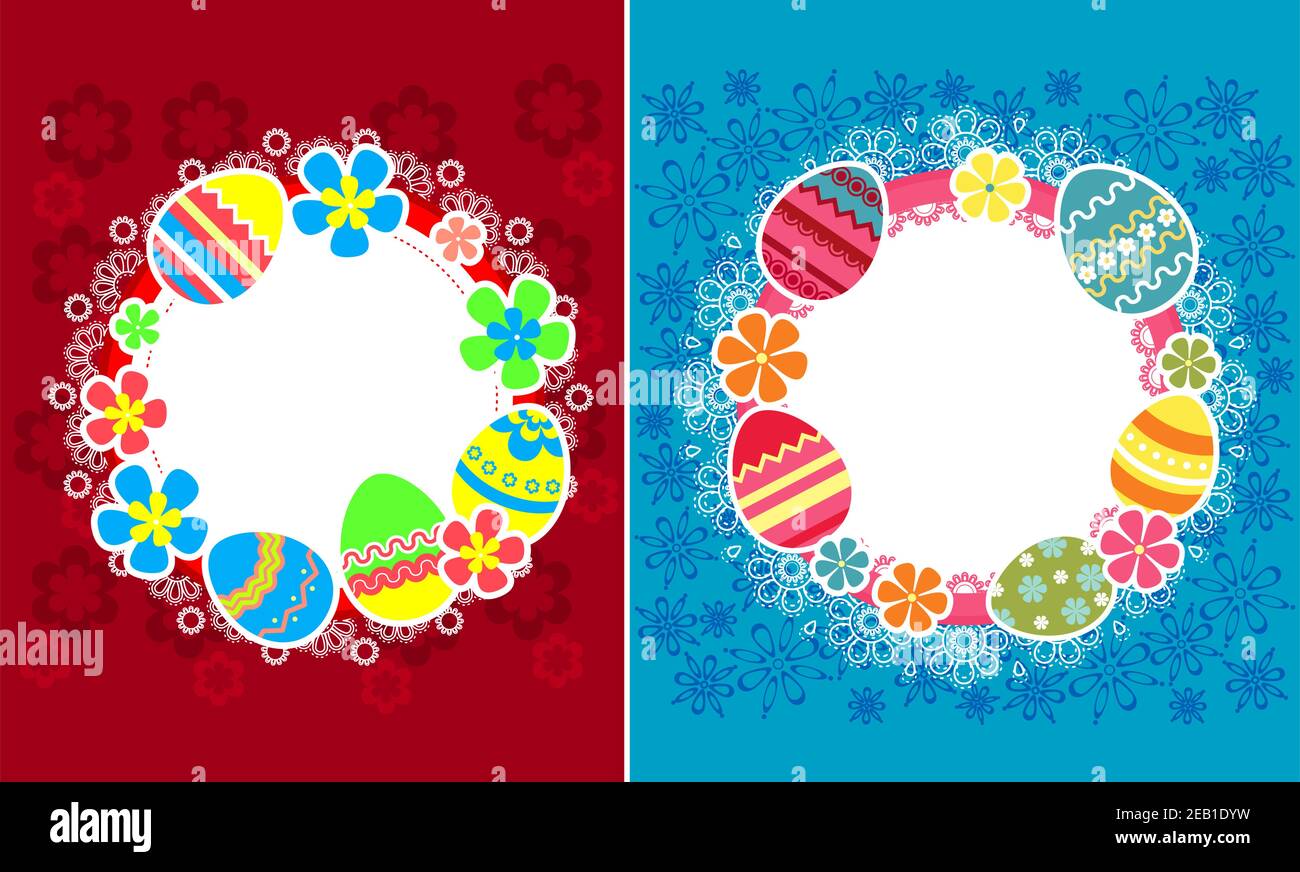 Decorative easter frames with eggs and flowers on colorful background ...