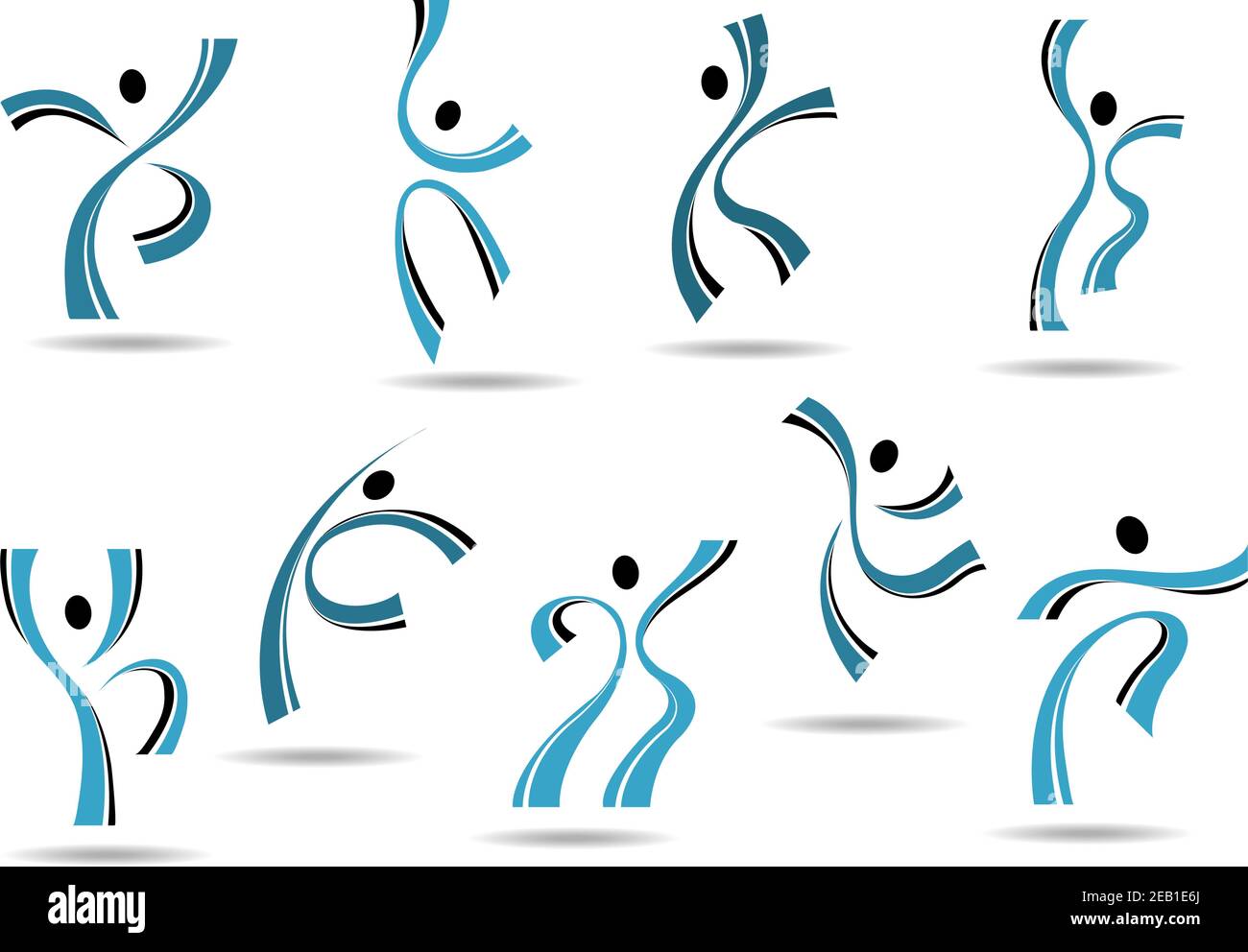 Set of stylized blue icons of dancing people and sportsmen jumping and ...