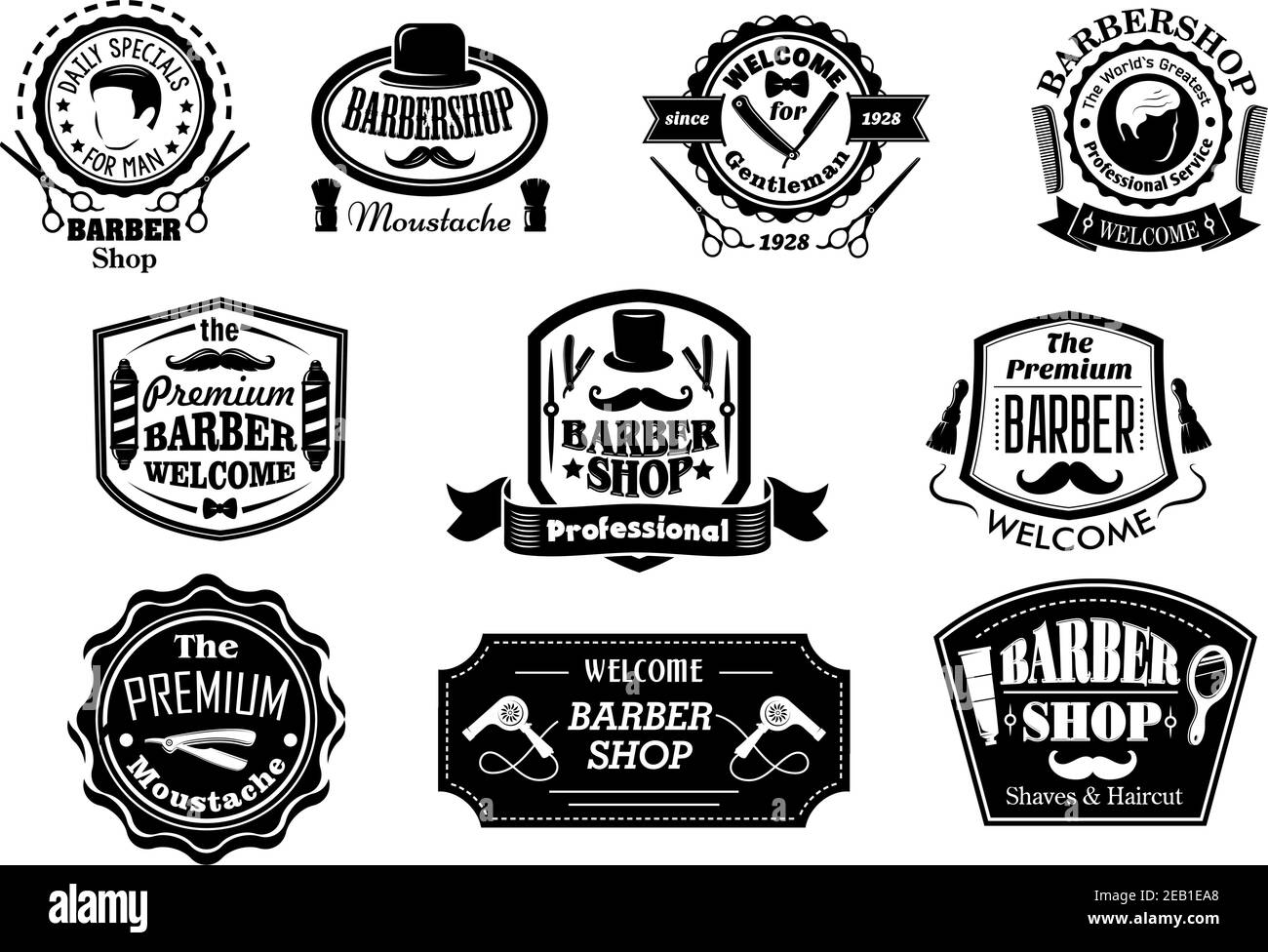 Creative black and white barber shop labels on white background for ...