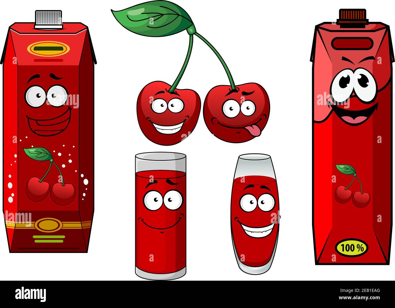 Cartoon red happy cherry fruit with juice in cardboard cartons and ...