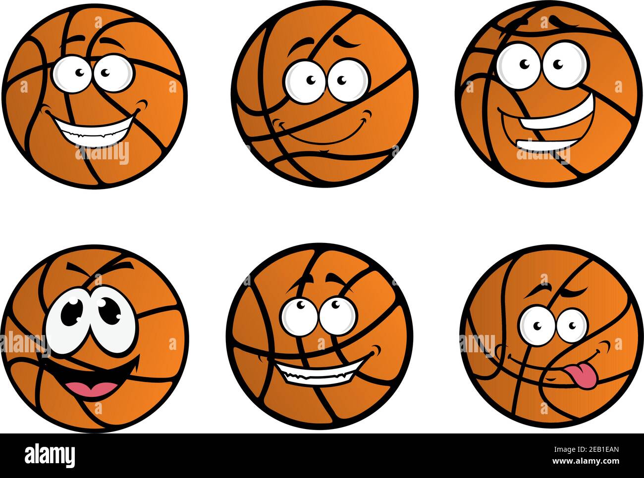 Cartooned basketball ball characters with funny faces and happy ...