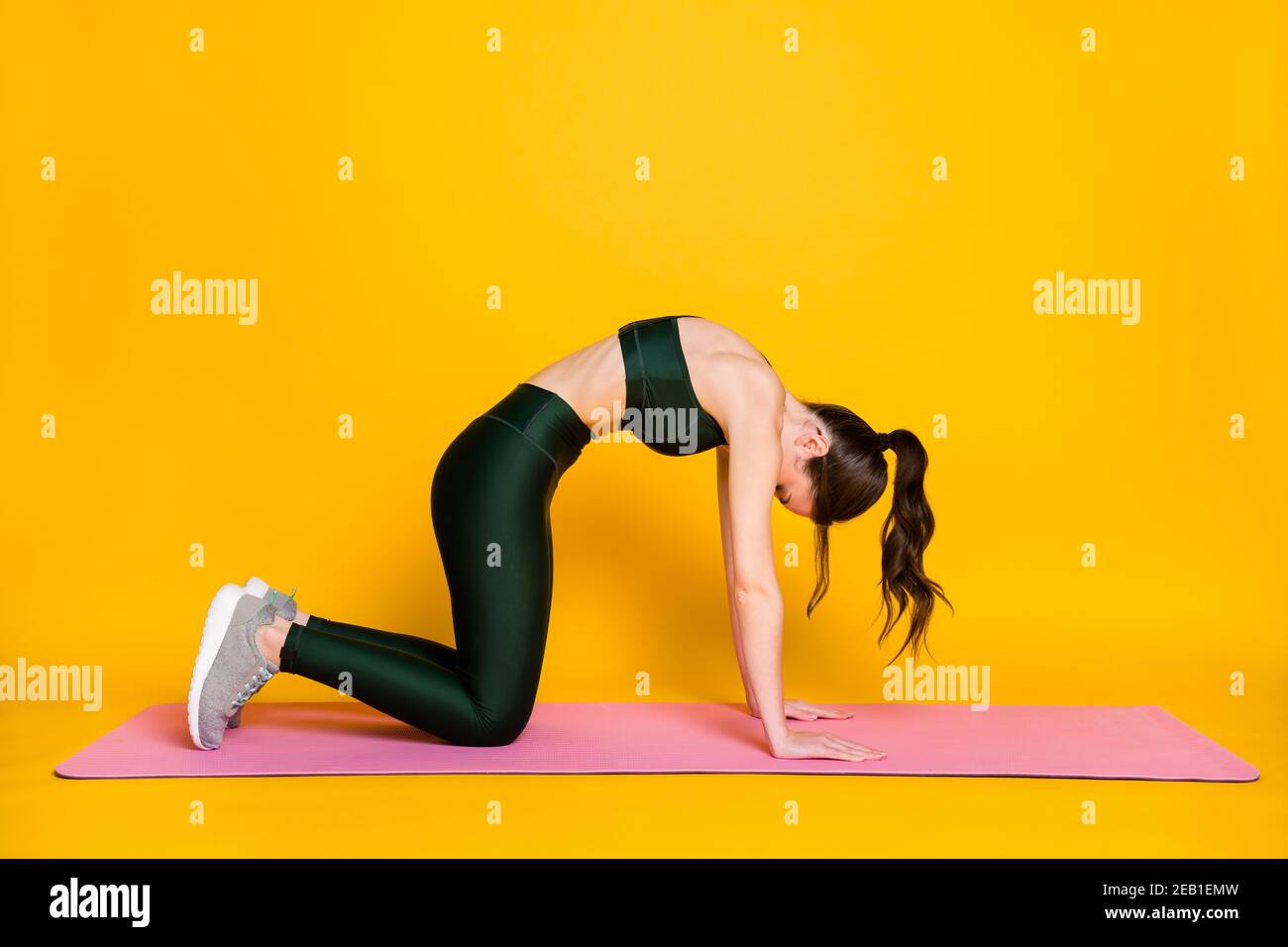 Full body size profile side view of attractive thin skinny bendy girl ...