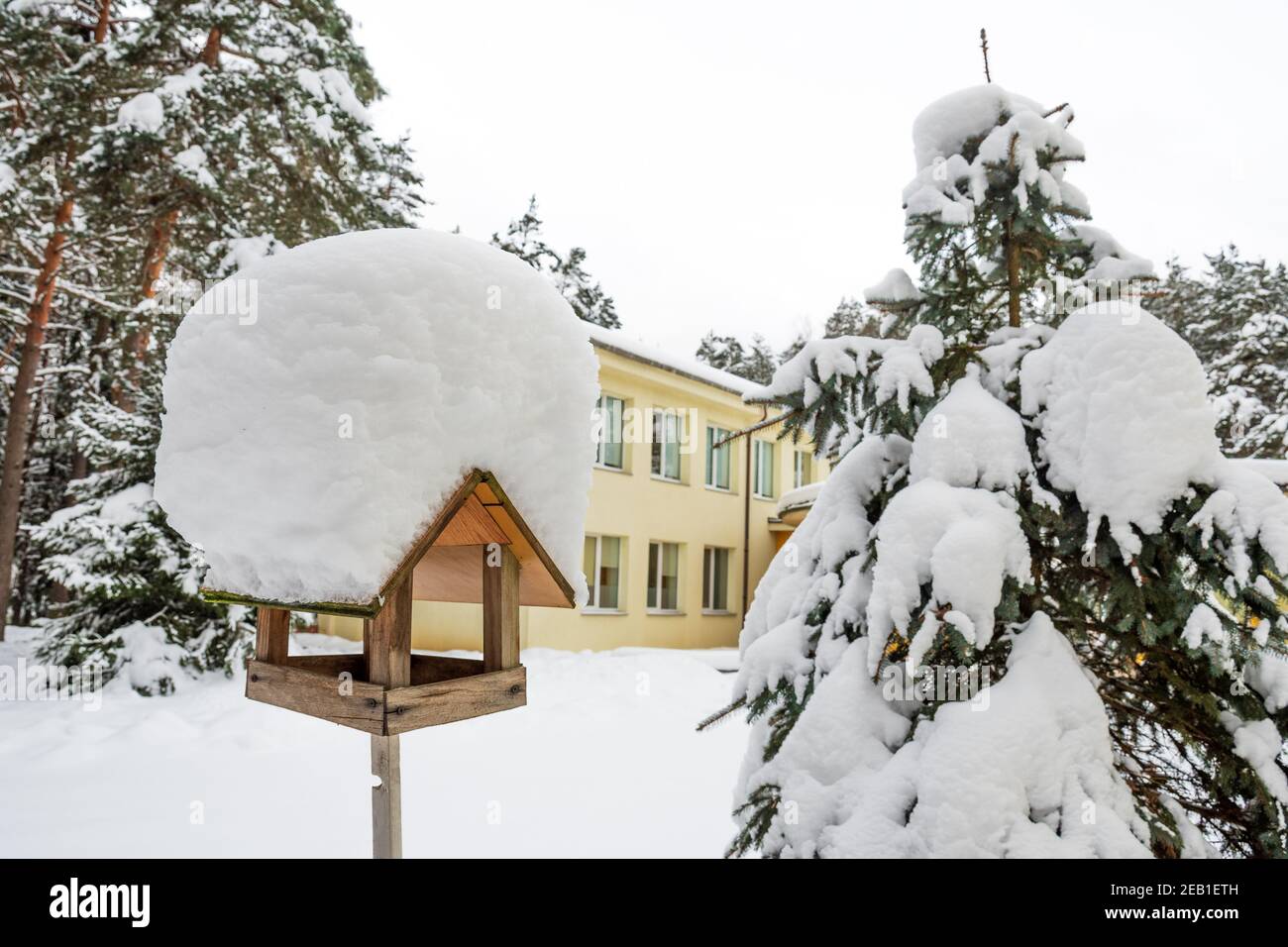 Beautiful wooden bird house with roof covered by snow in a forest or ...